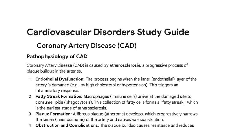 Cardio Week 2 Study Guide: Pathophysiology of CAD and Heart Disorders ...
