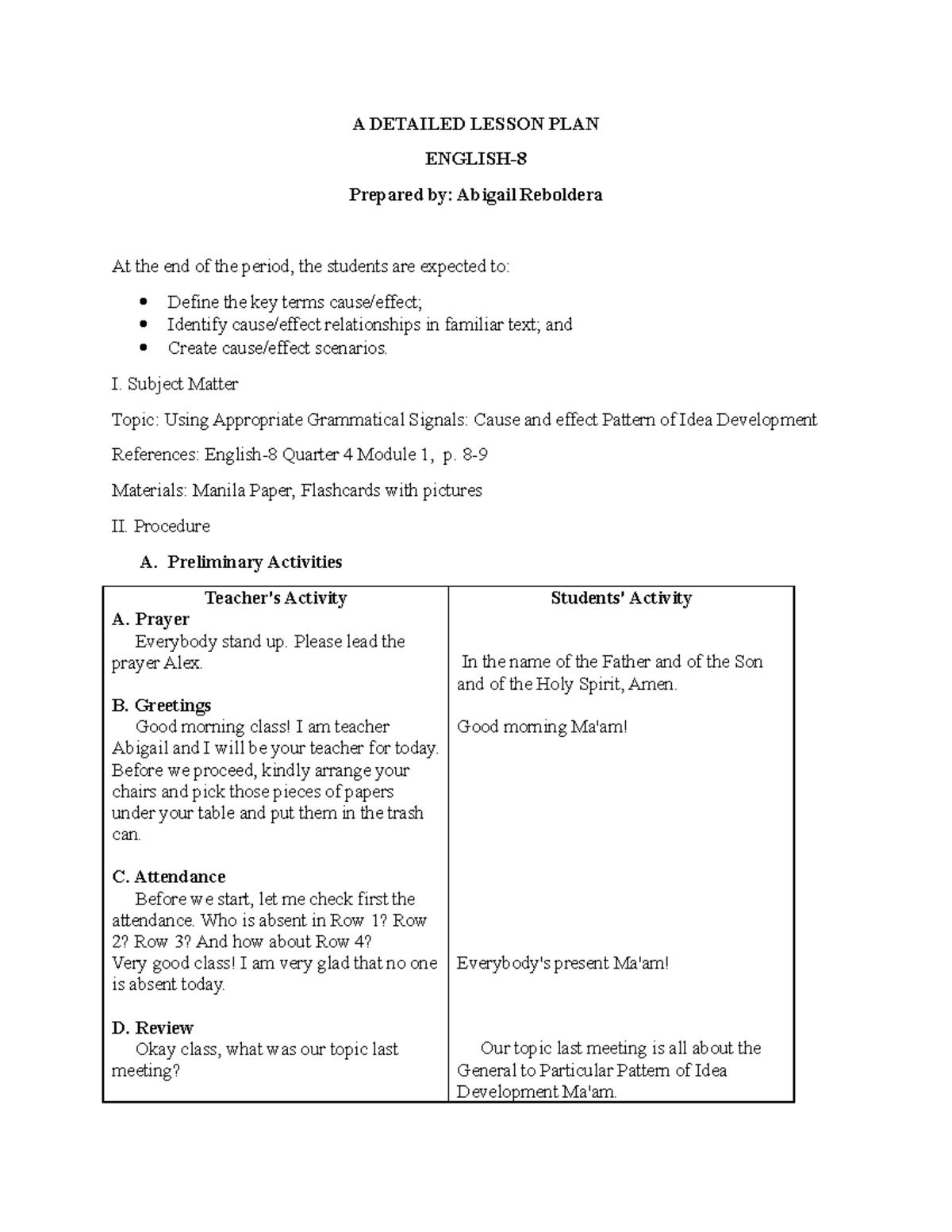 LP- Cause AND Effect - A DETAILED LESSON PLAN ENGLISH- Prepared by ...