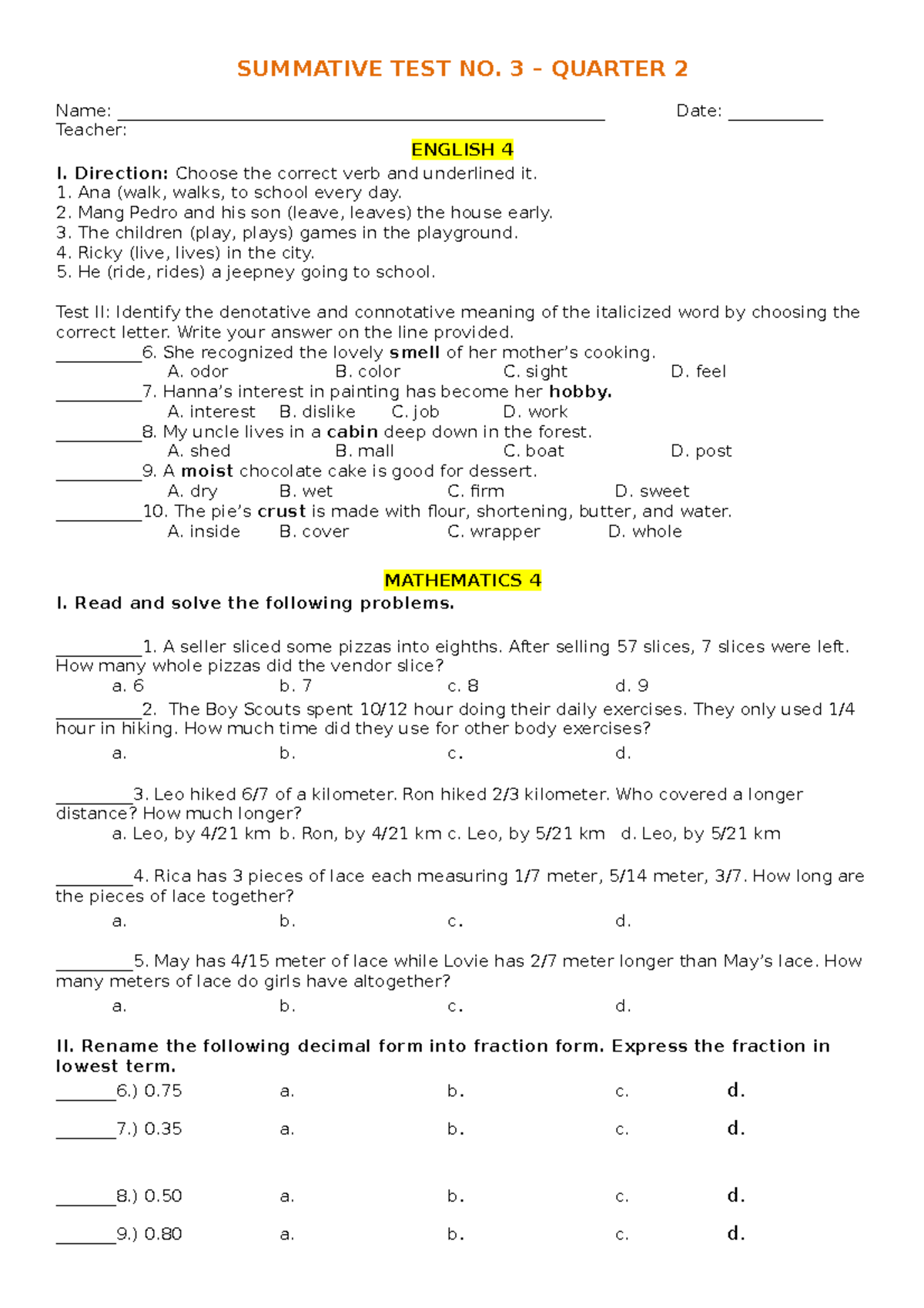 summative test quarter 2 grade 4 - General Education - CapSU - Studocu