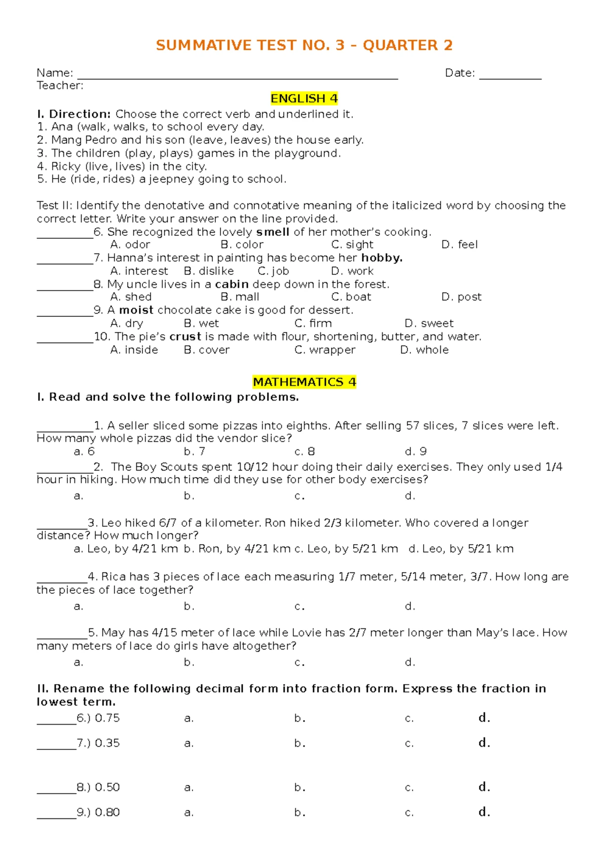 Grade 4 Screening Test - PHIl-iri - Screening Test, Grade 4 Read each ...