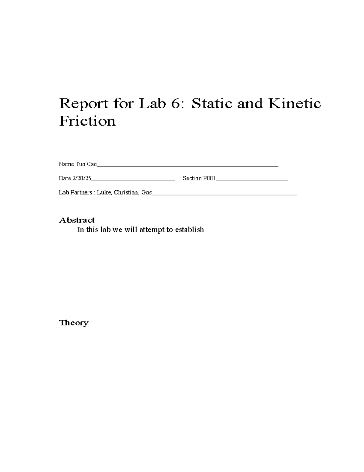 Lab 6 Report: Static & Kinetic Friction Analysis P001 - Studocu