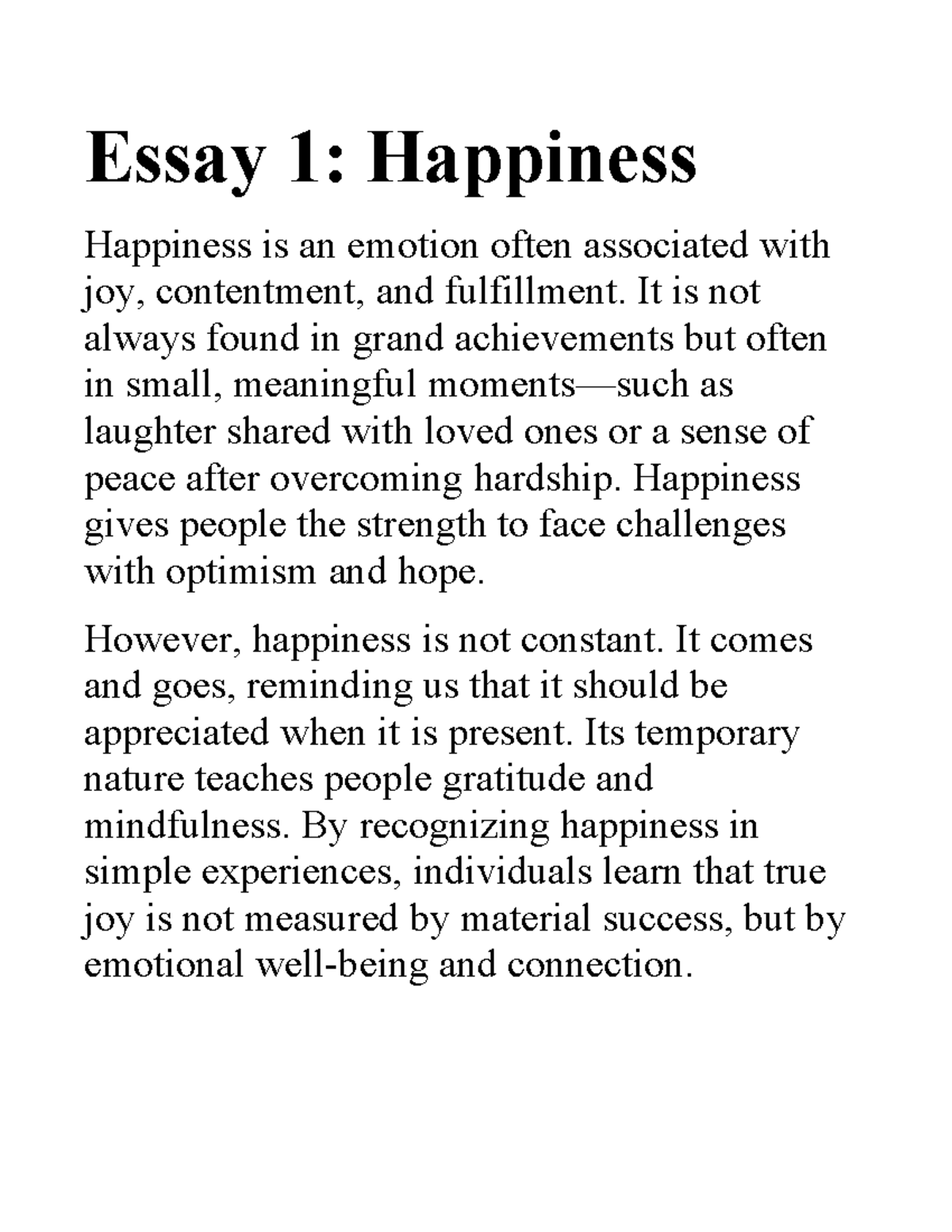 Essay 1: The Nature of Happiness and Its Meaning - Studocu