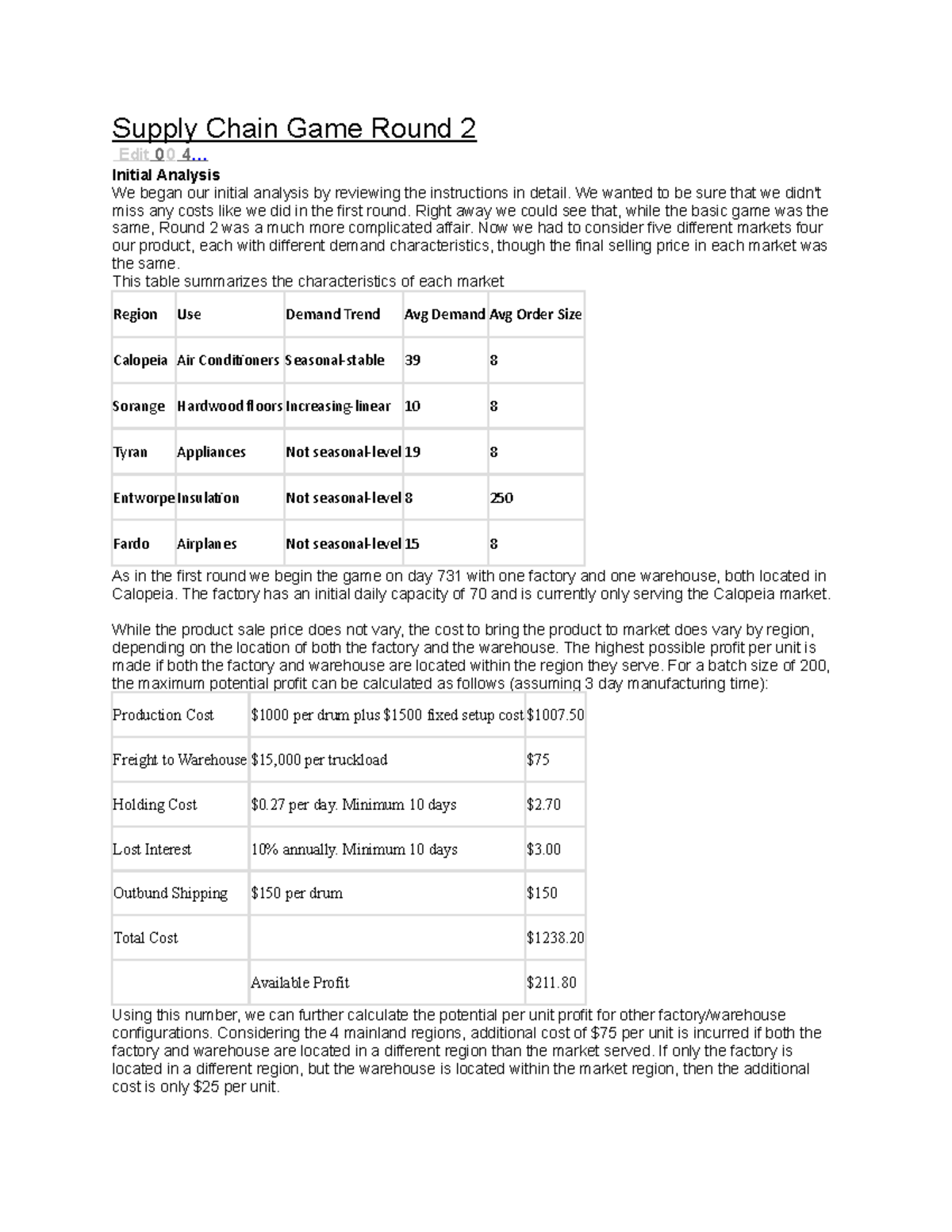 Supply Chain Game Round 2 - .. Initial Analysis We began our initial ...