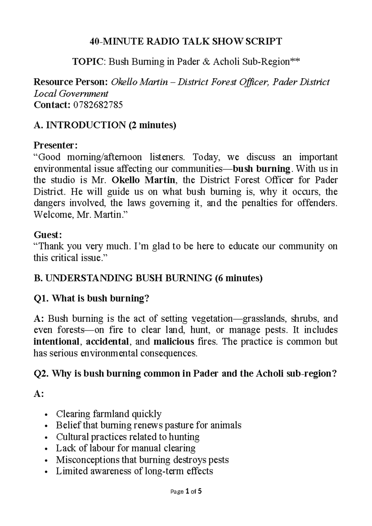 BUSH Burning Ecotrust Talk Show Script: Pader District Insights - Studocu