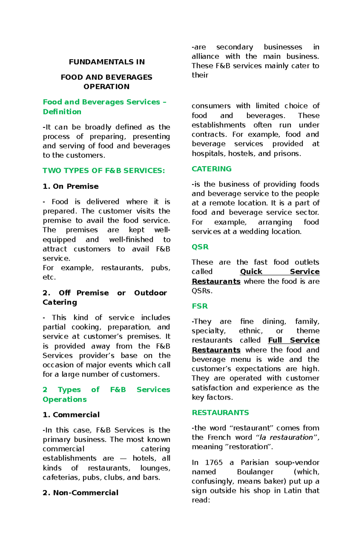 Fundamentals of Food and Beverage Services: An Overview - Studocu