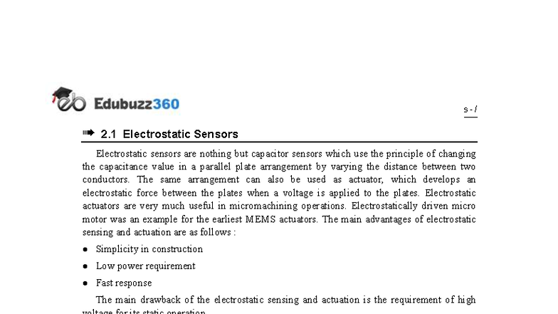 MEMS Unit 2: Electrostatic Sensors and Actuators (CEC340) - Studocu