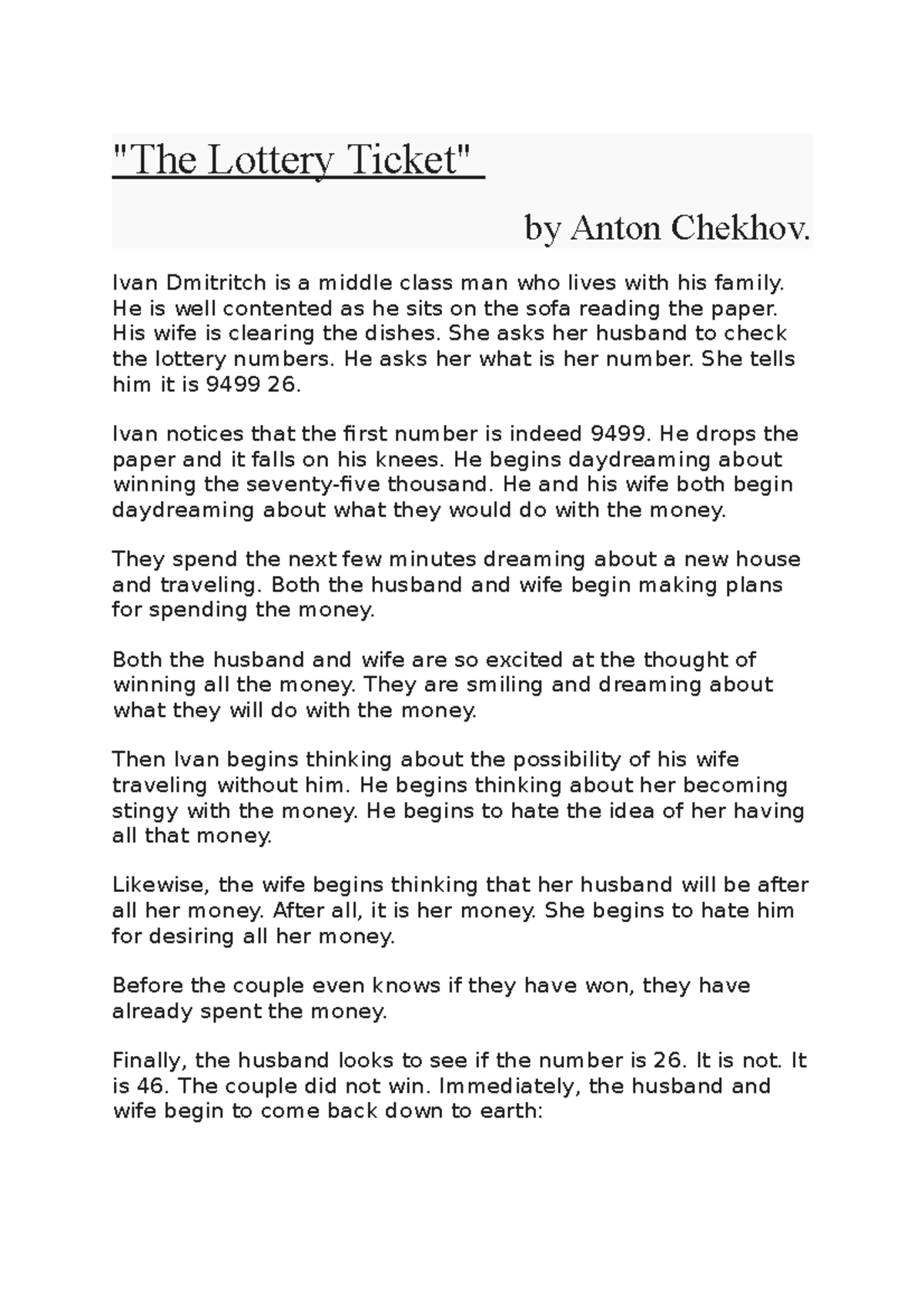 THE Lottery Ticket - "The Lottery Ticket" by Anton Chekhov. Ivan ...