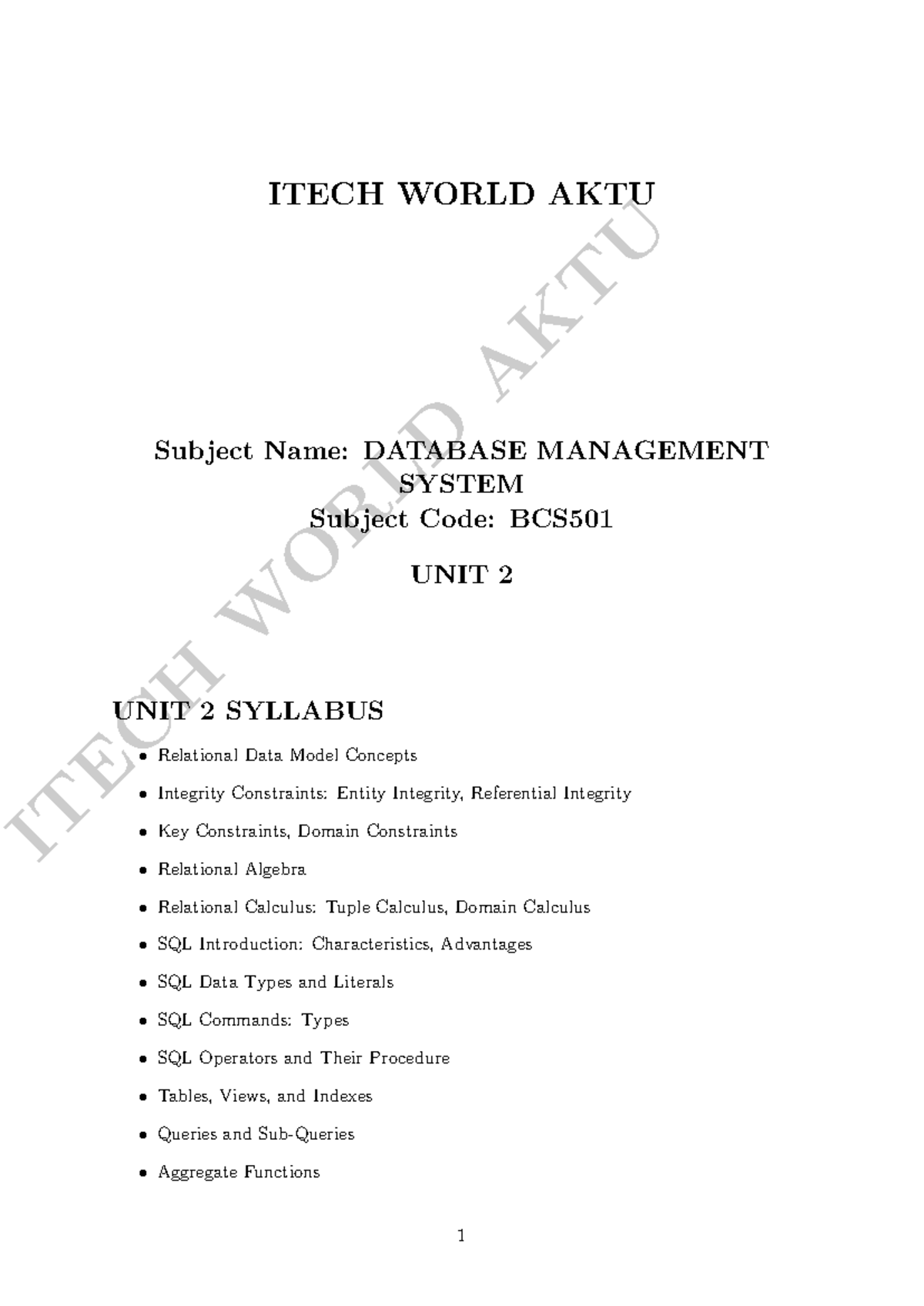 Unit 2 - Database Management System (BCS501) Exam Notes - Studocu