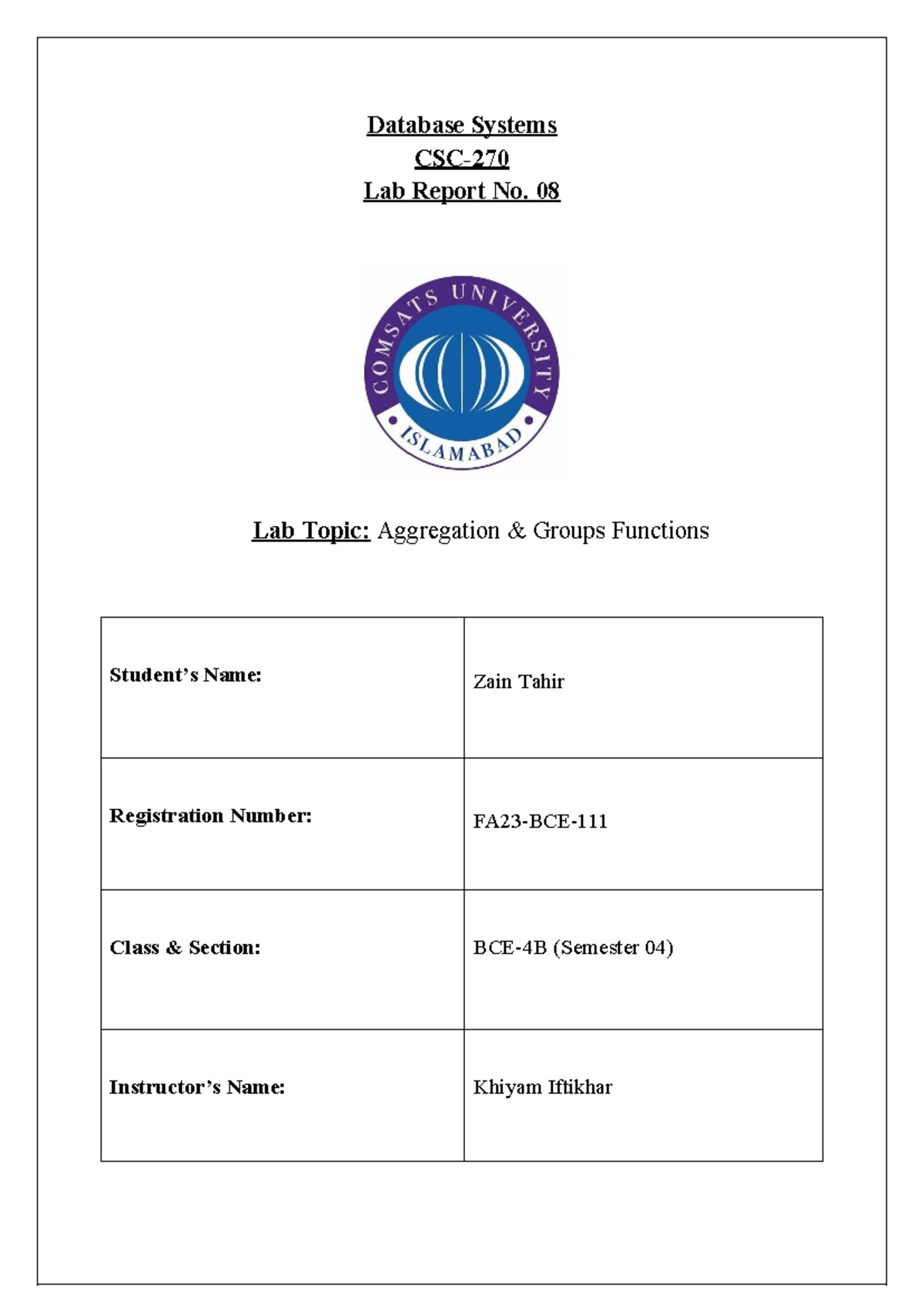 DS 04 Lab Report 08: Aggregation Functions in Database Systems - Studocu
