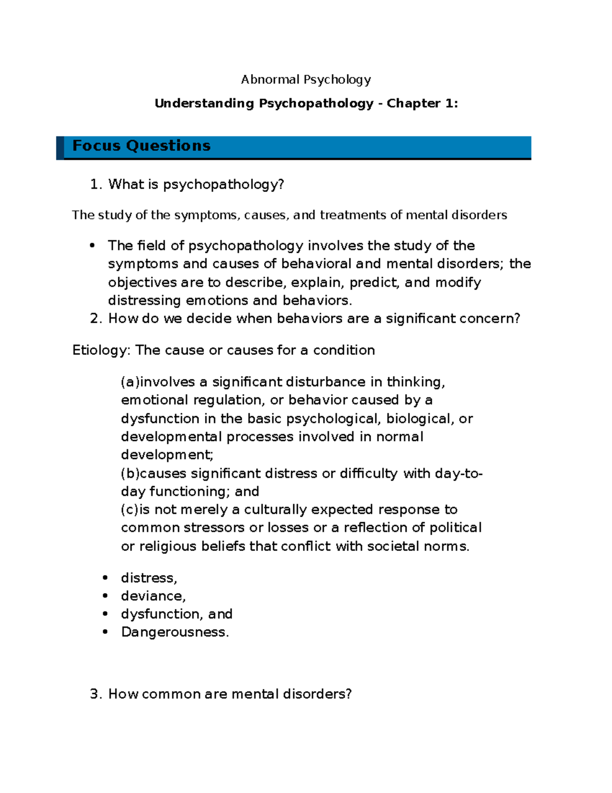 Understanding Psychopathology: Focus Questions for Chapter 1 (PSY 101 ...