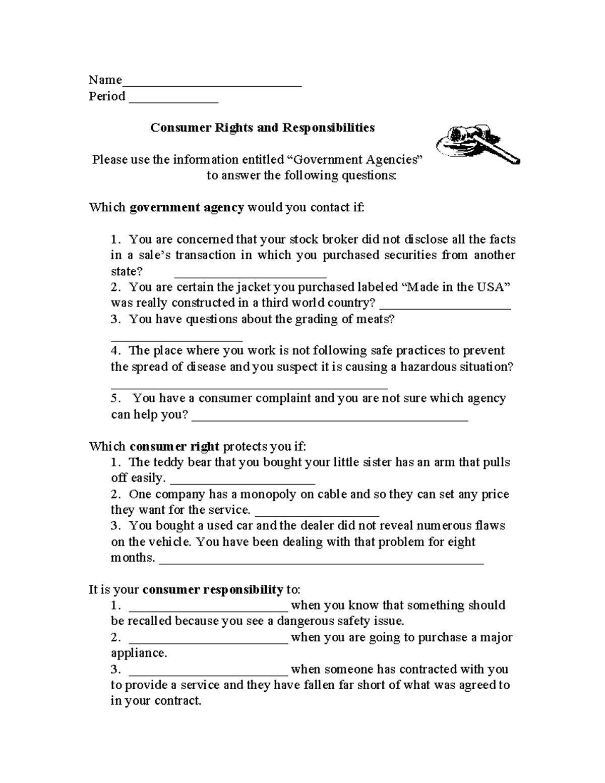 Consumer rights worksheet - Name__________________________ Period ...