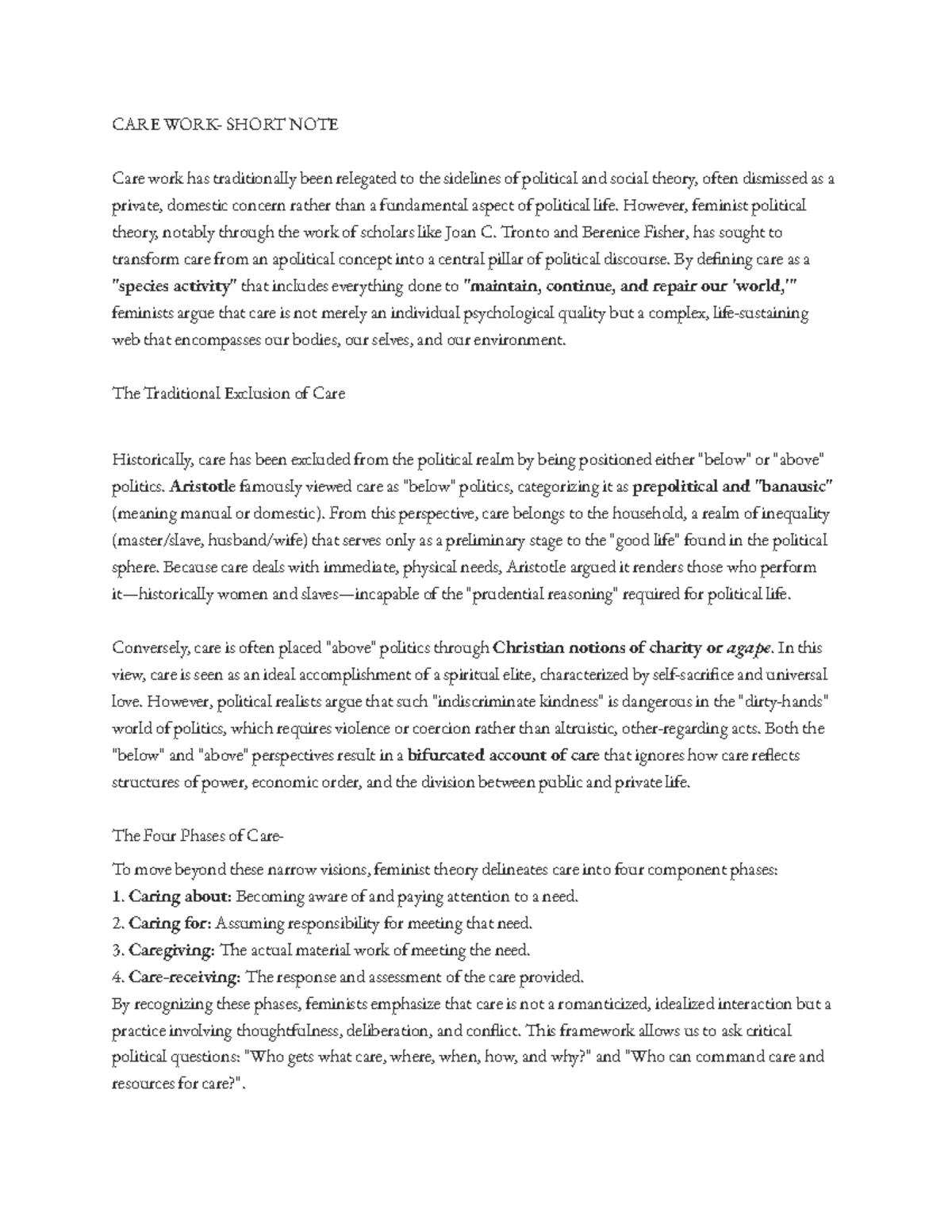 Care Work Shortnote GE 3: Feminist Perspectives on Political Theory ...