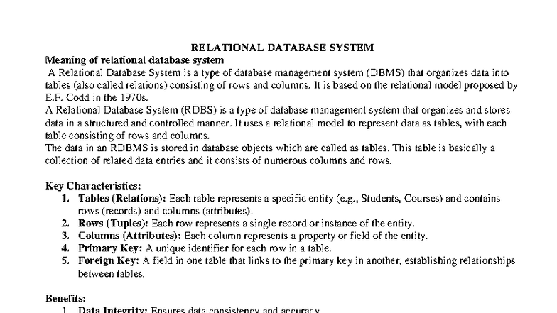 DBMS Topic 4 - Notes - RELATIONAL DATABASE SYSTEM Meaning of relational ...