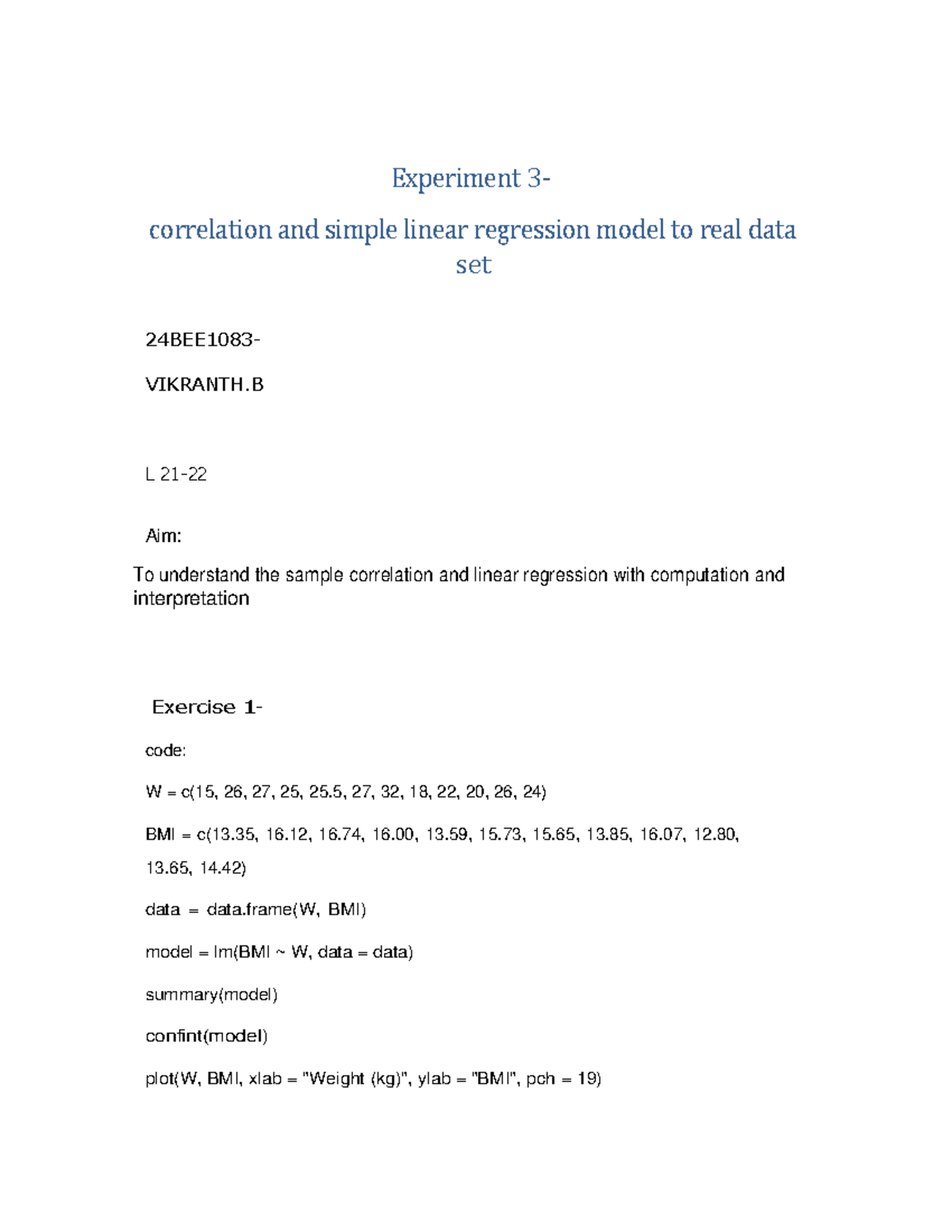 24bee1083-exp-3 - pls i need ts - Experiment 3 - correlation and simple ...