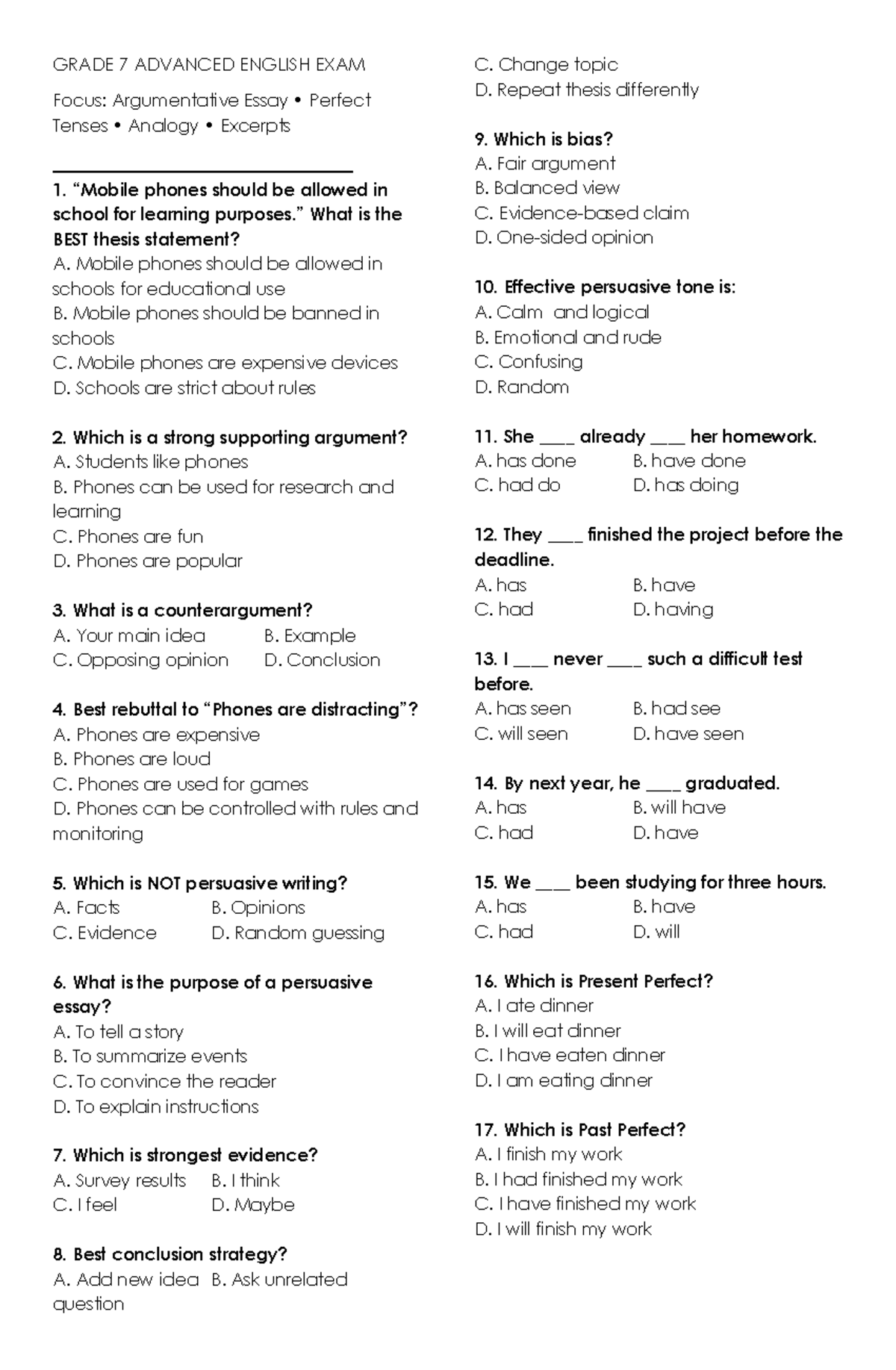 GRADE 7 ADVANCED ENGLISH EXAM: Argumentative Essay Writing Guide - Studocu