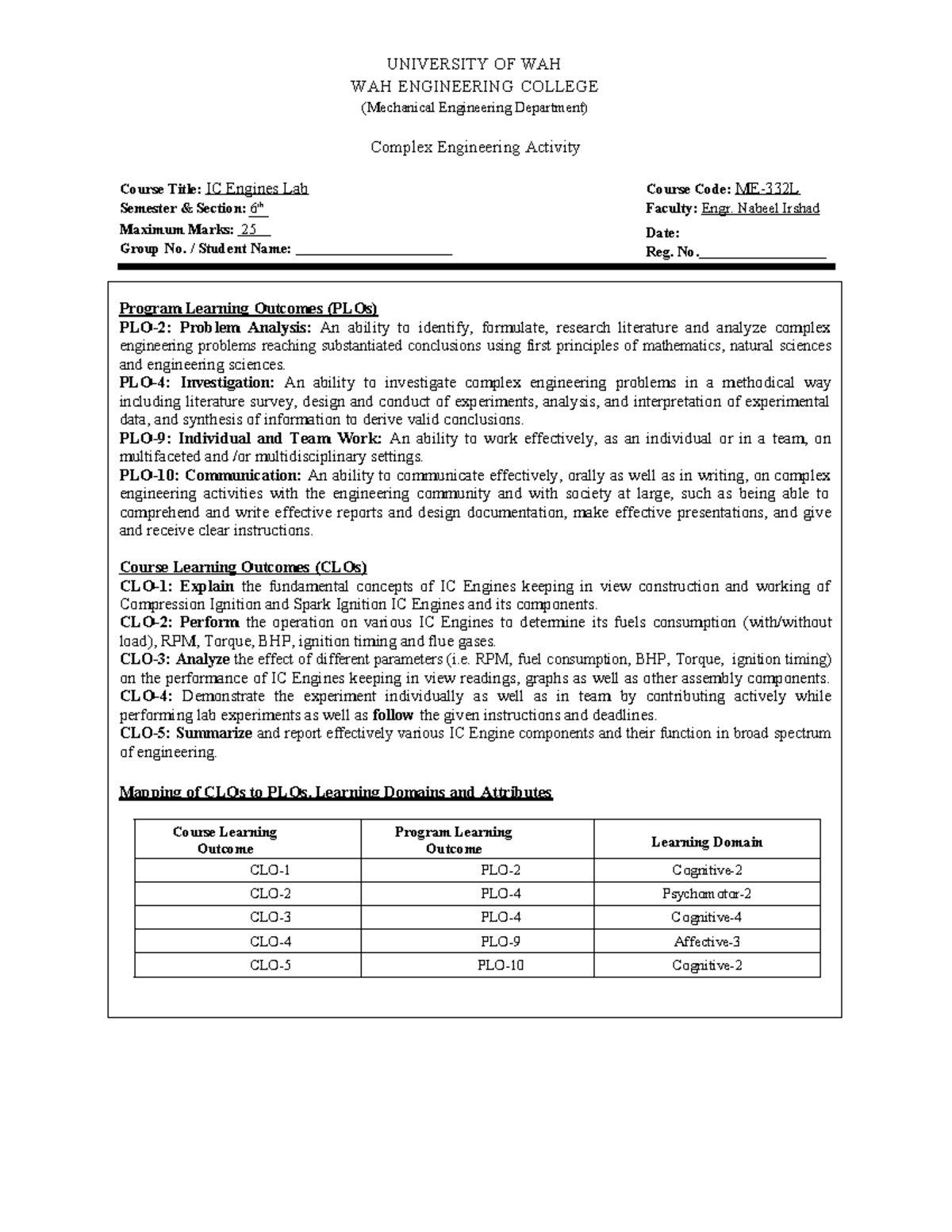 IC Engines Lab CEA & Assessment Rubrics (ME-ENG 6th Sem) - Studocu