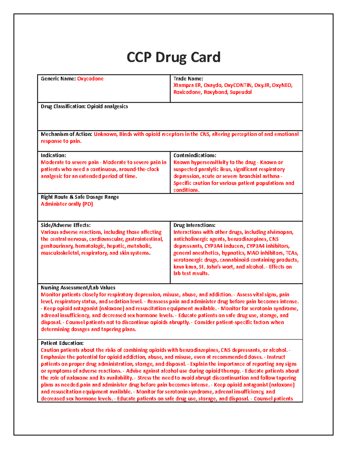 Oxycodone Drug Card - drug card - CCP Drug Card Generic Name: Oxycodone ...