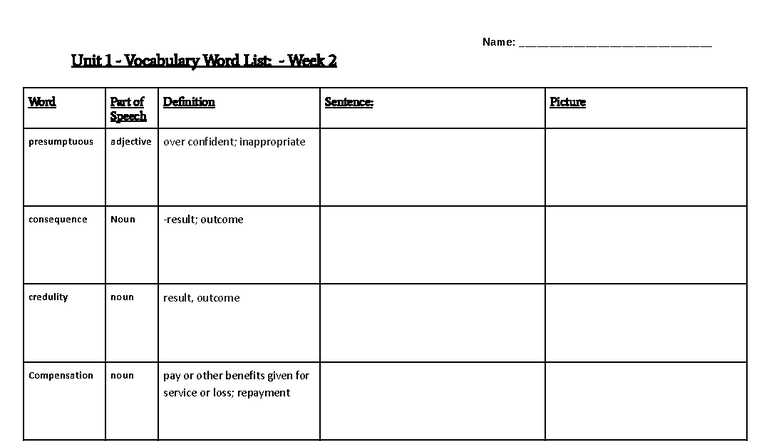 Unit 1 Vocabulary Word List: Week 2 Definitions & Sentences - Studocu
