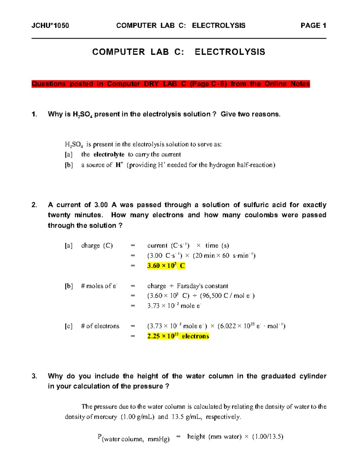 Electrolysis Lab Report - JCHU1050 Dry Lab C Summary - Studocu