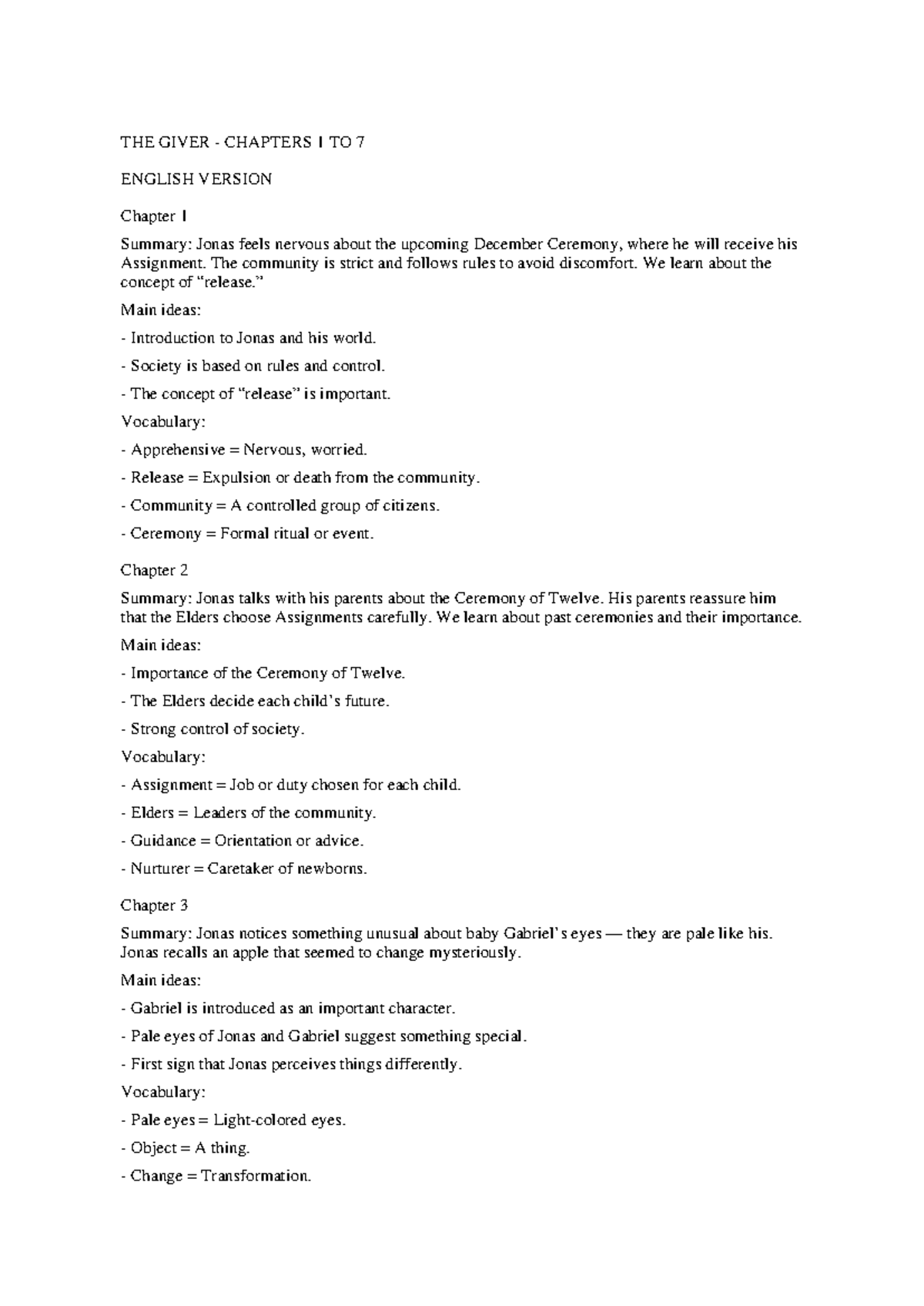 THE GIVER - CHAPTERS 1 TO 7 SUMMARY & VOCABULARY - Studocu