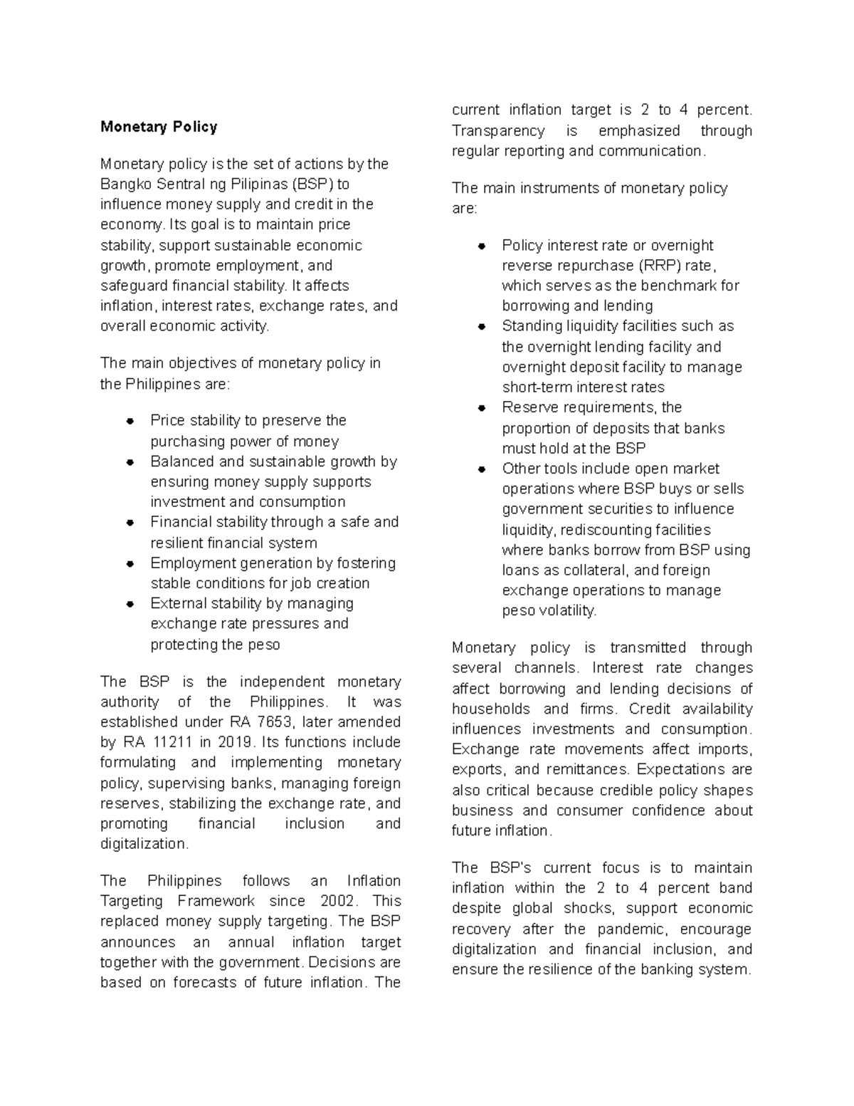 Monetary Policy Notes: BSP's Role in Economic Stability and Growth ...