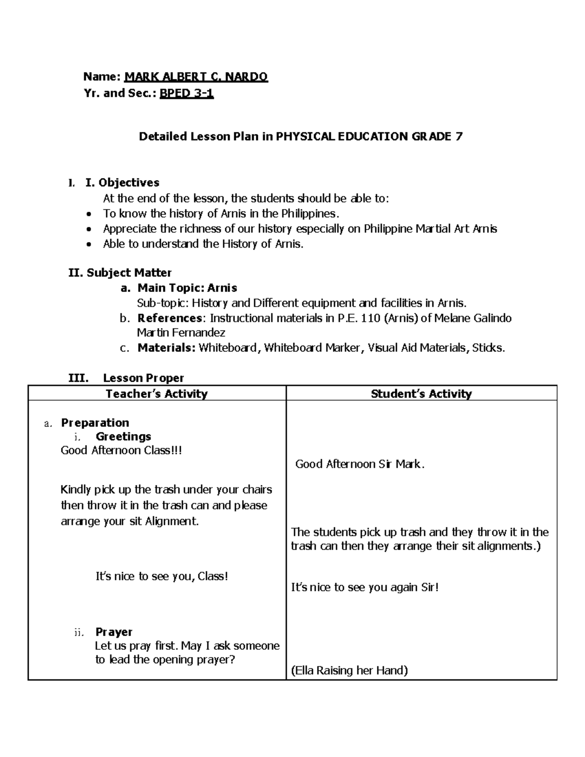 Detailed Lesson PLAN - Summary Physical Education 12 - Name: MARK ...