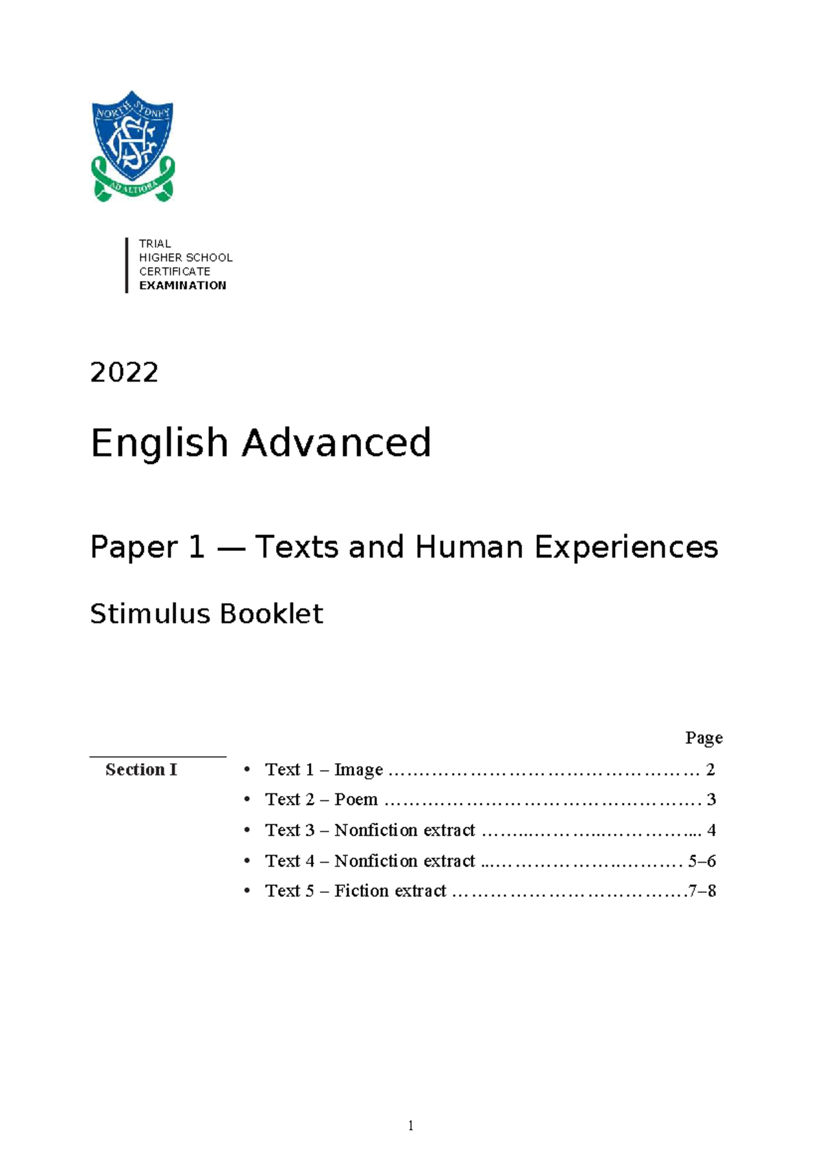 NSG Year 12 English Advanced Trial HSC Exam 2022 - Paper 1 Stimulus ...