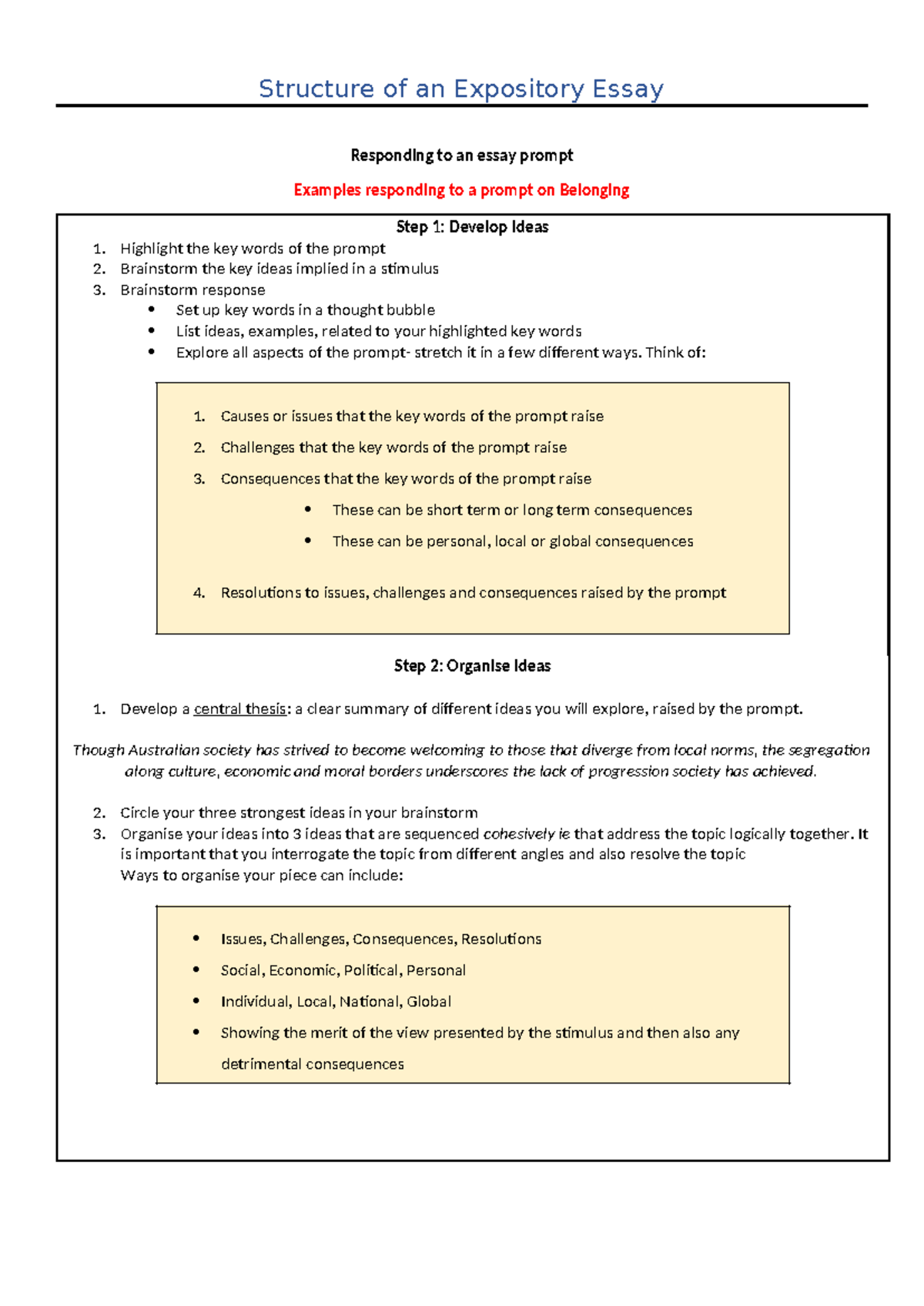Expository Essay Structure Guide: Responding to Prompts on Belonging ...