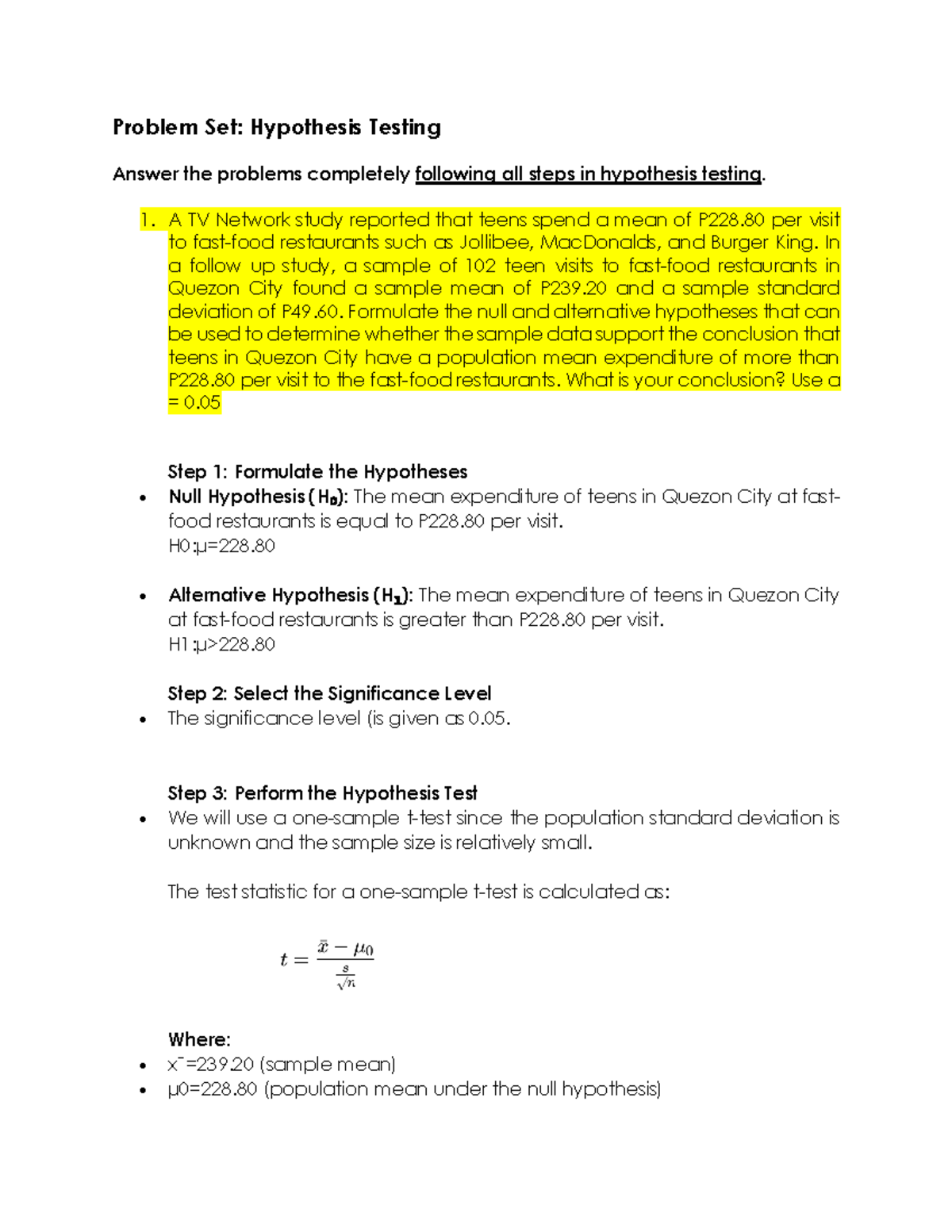 Mathematics 2025: Problem Set on Hypothesis Testing - Studocu