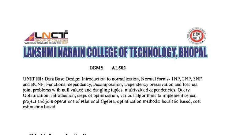 DBMS AL502 UNIT 3: Data Normalization & Query Optimization Techniques ...