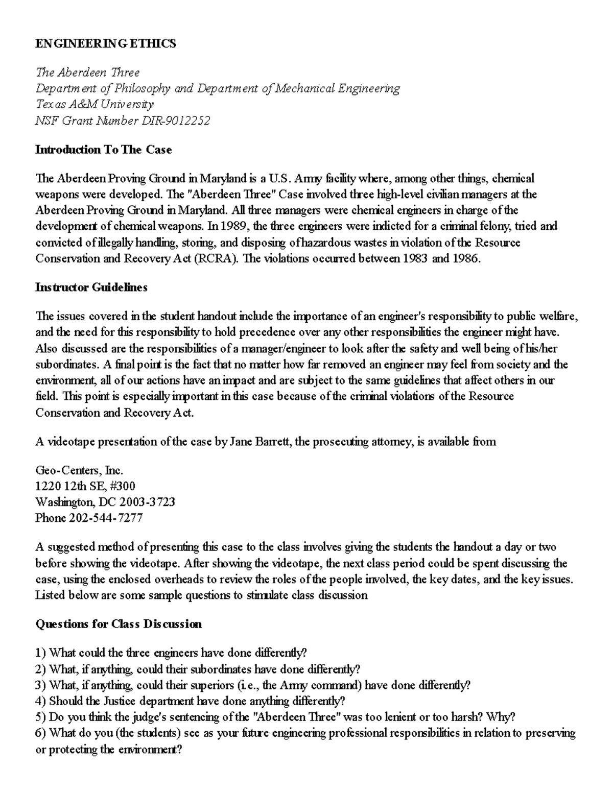 ENGR 101: Case Study on The Aberdeen Three - Ethics in Engineering ...