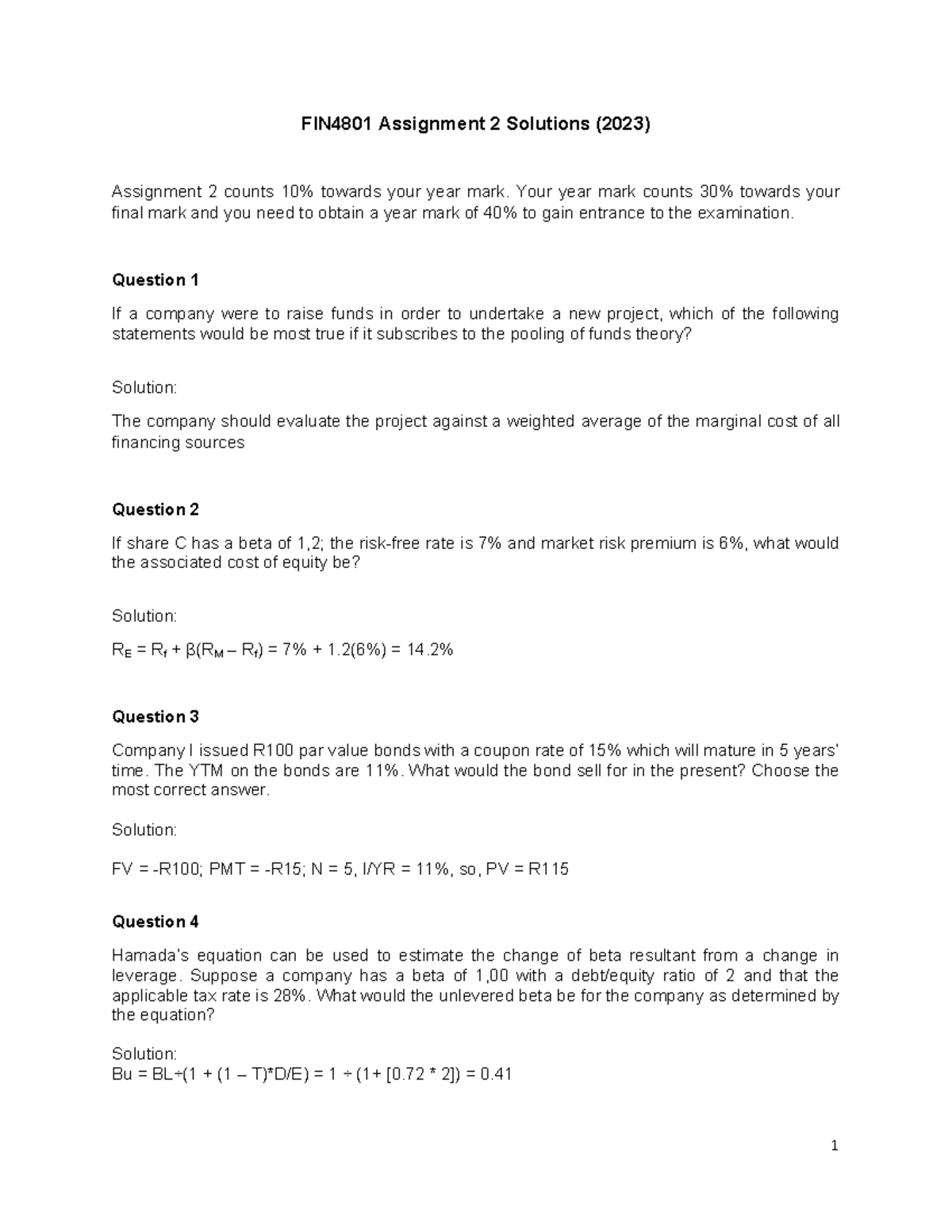 FIN4801 Assignment 2 Solutions and Explanations (2023) - Studocu