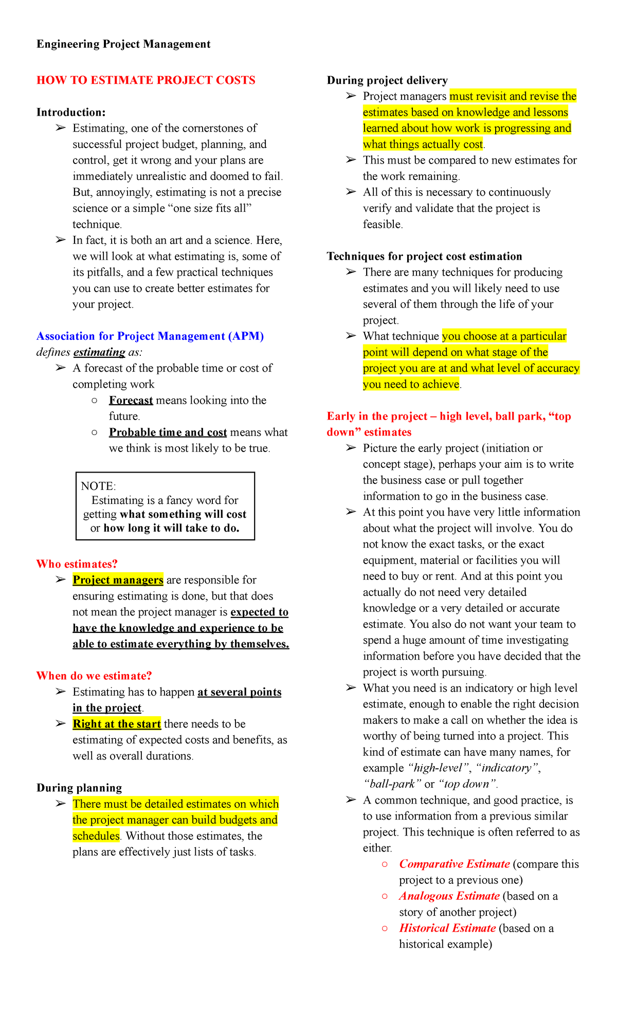 Project Management (Endterm) - HOW TO ESTIMATE PROJECT COSTS Introduction: Estimating, one of ...