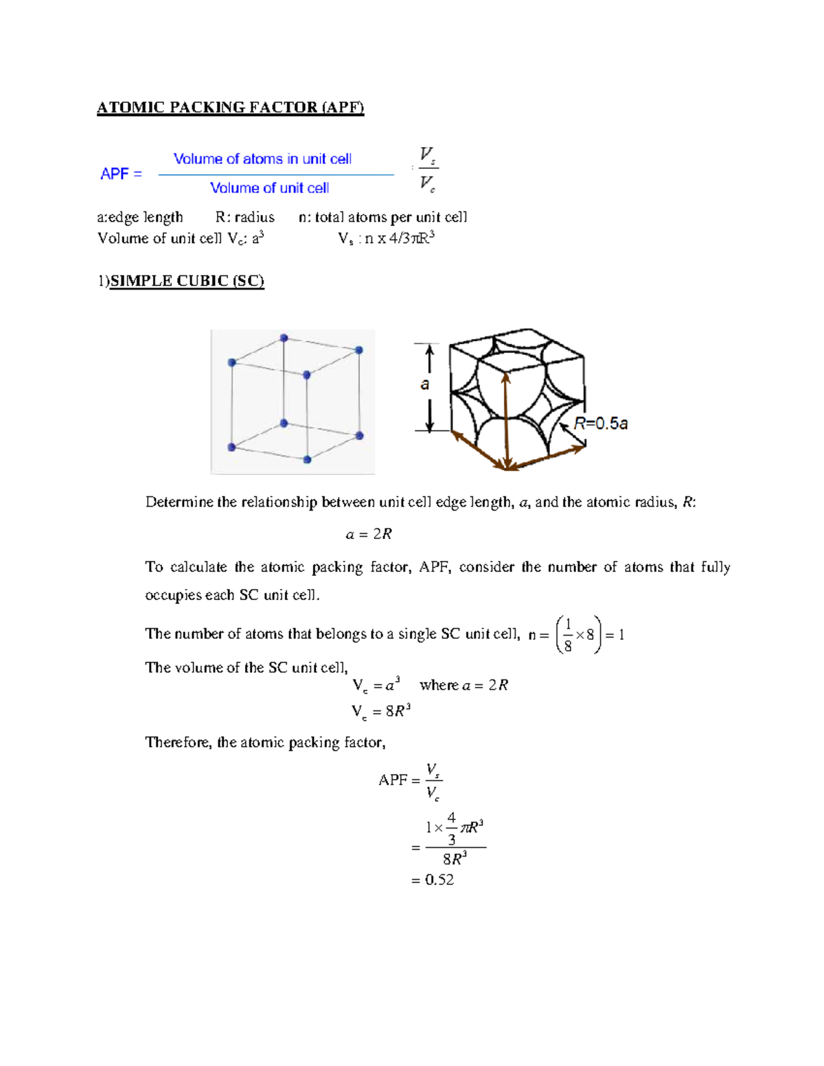 APF Calculations for SC, BCC, FCC Unit Cells - CHEM 101 - Studocu