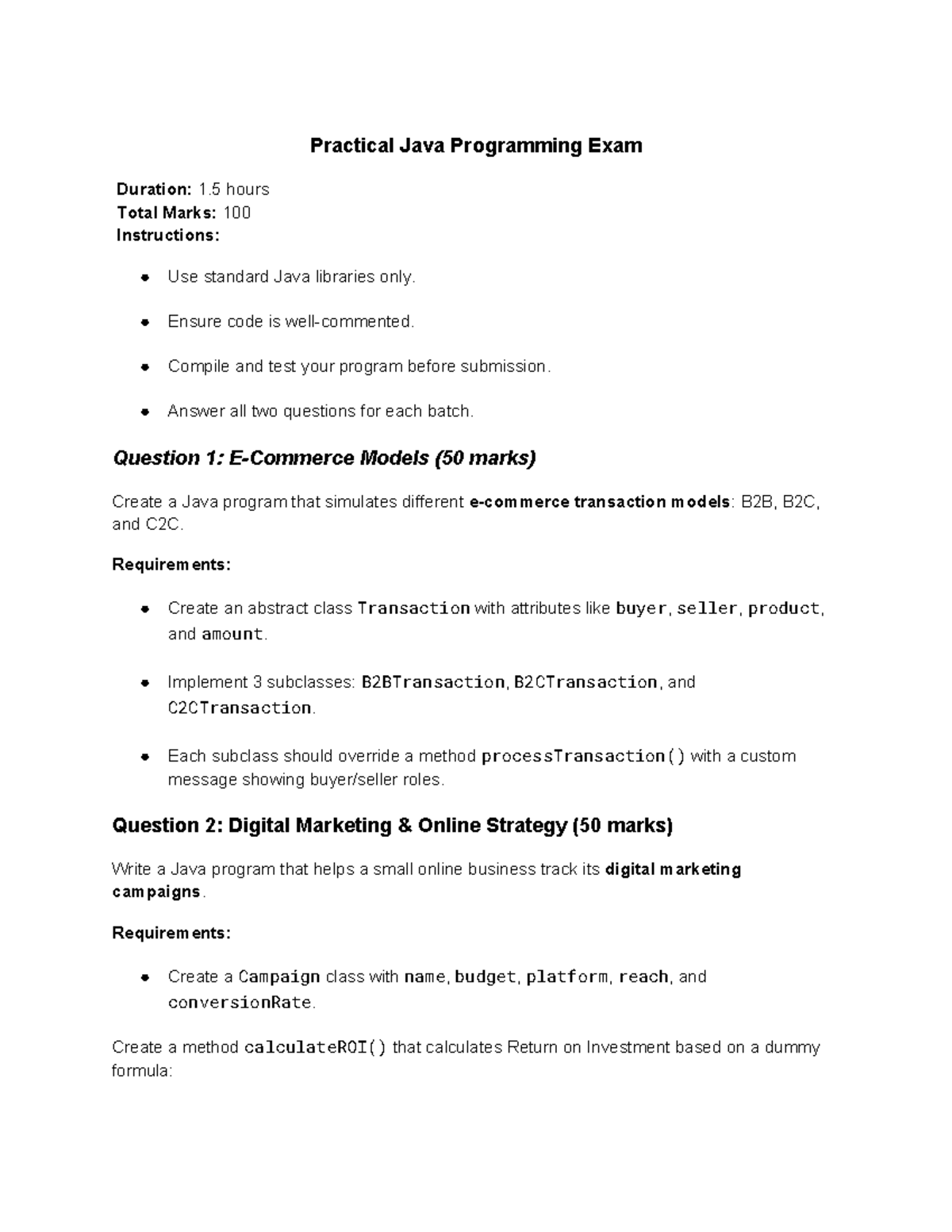 Java Programming Exam: Transaction Models & Digital Marketing ...