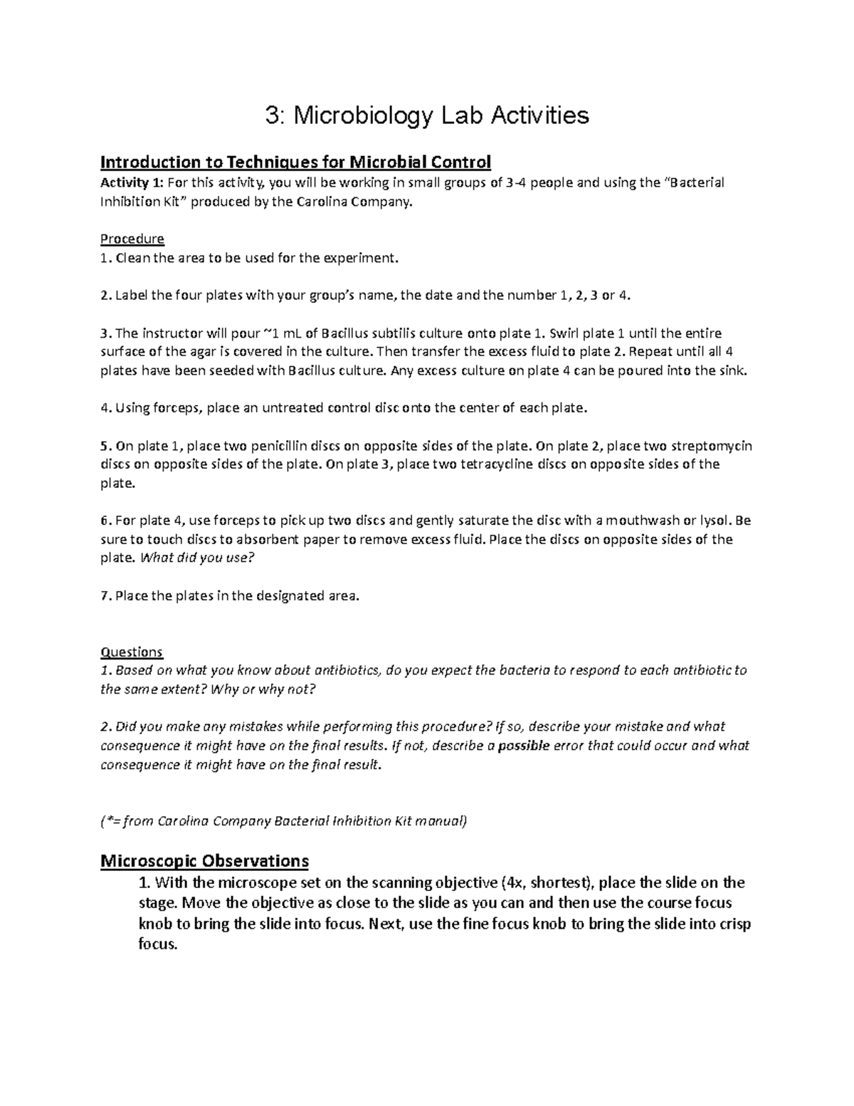 Microbiology lab activities: Techniques for microbial control (3) - Studocu