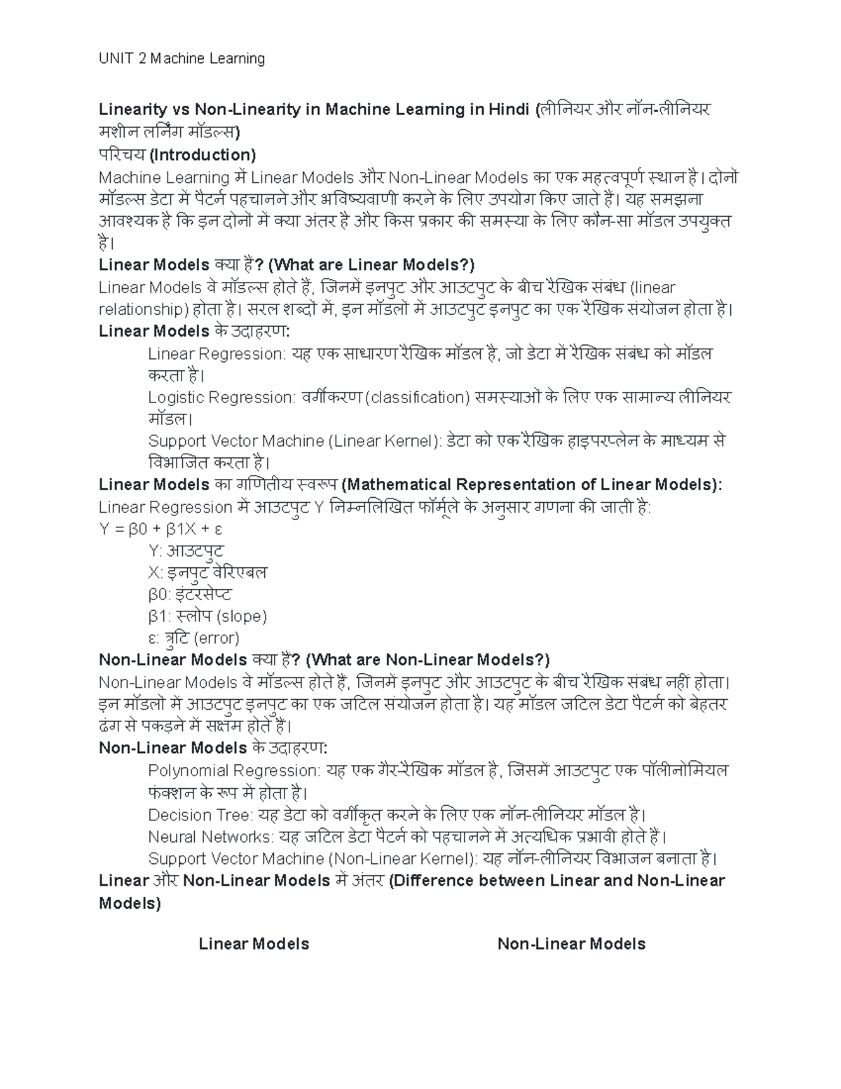 UNIT 2 Machine Learning: Linear Models and Gradient Descent in Hindi ...
