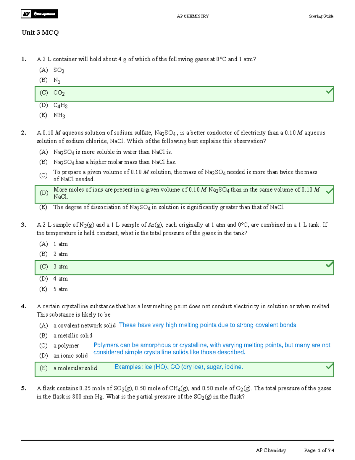 AP CHEMISTRY Unit 3 MCQ Scoring Guide and Practice Questions - Studocu