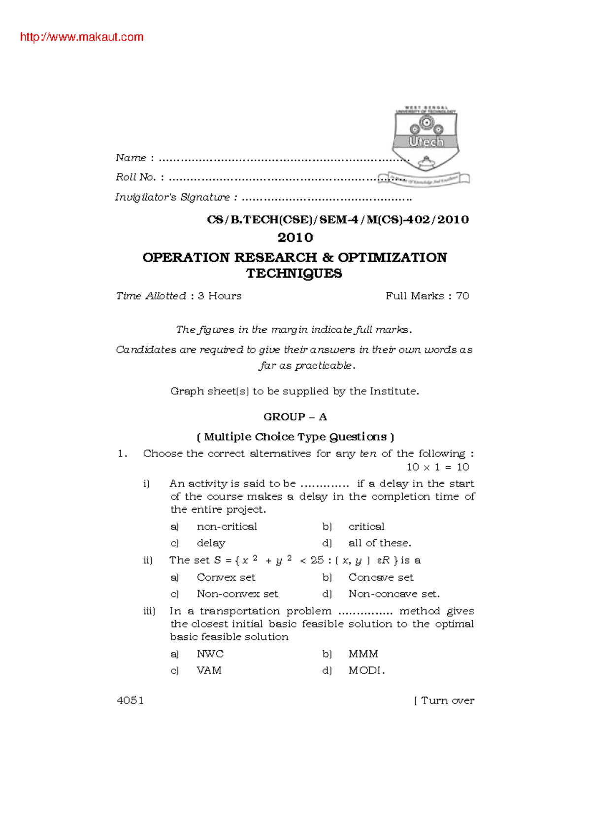B.Tech CSE 4th Sem: Operation Research & Optimization Techniques 2010 ...