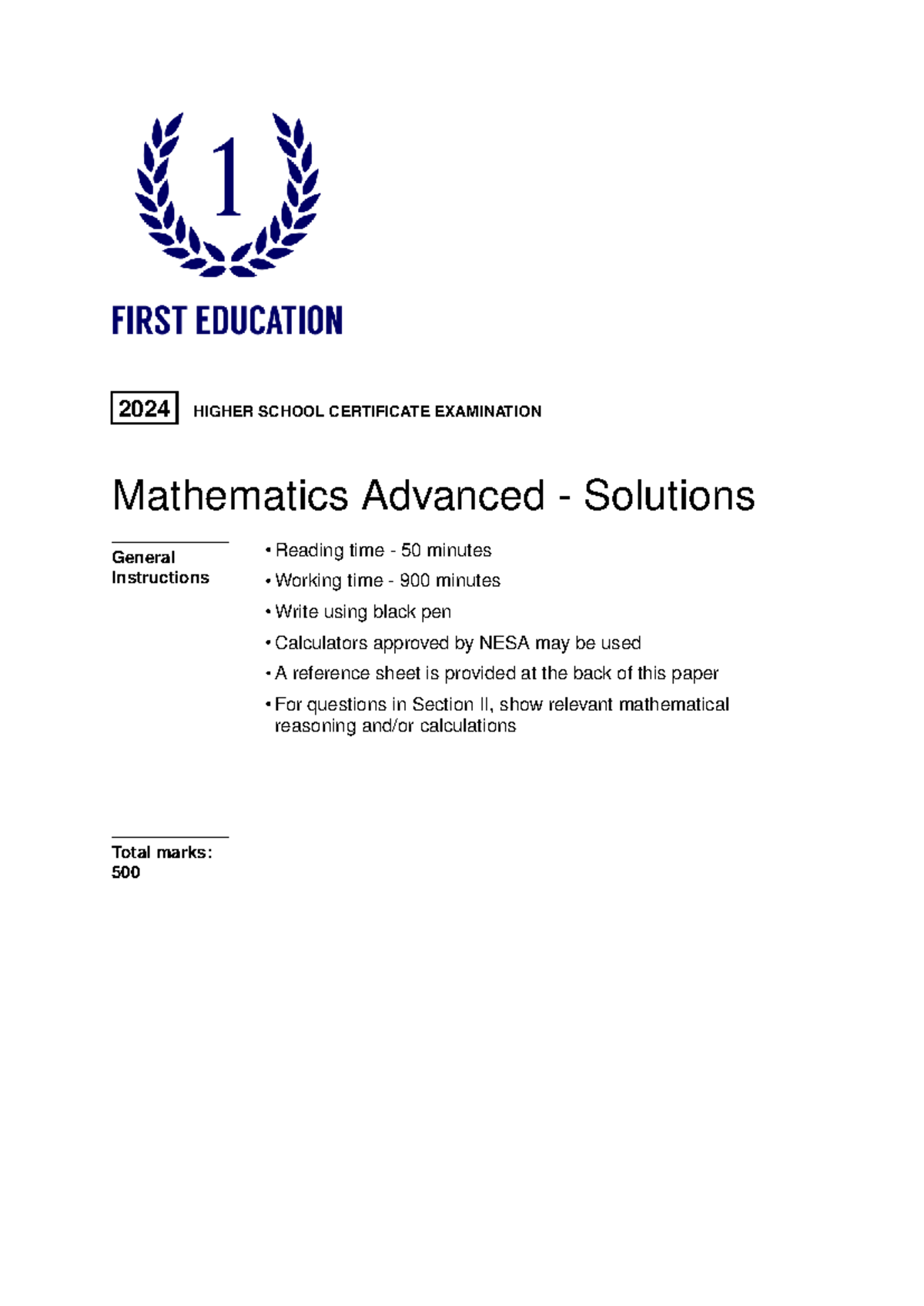 2024 HSC Mathematics Advanced Solutions Overview - Studocu