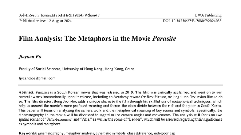 Film Analysis: Metaphorical Techniques in Parasite (2024) - Studocu