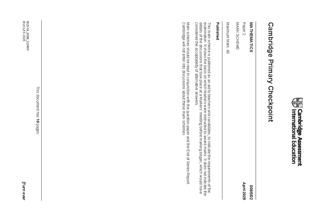 Math Primary Checkpoint Paper 2 Mark Scheme - April 2025 - Studocu