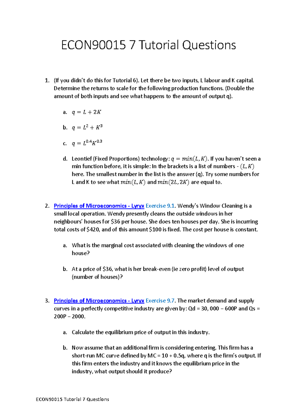 ECON90015 Week 7 Tutorial Questions - ECON90015 Tutorial 7 Questions ECON90015 7 Tutorial ...