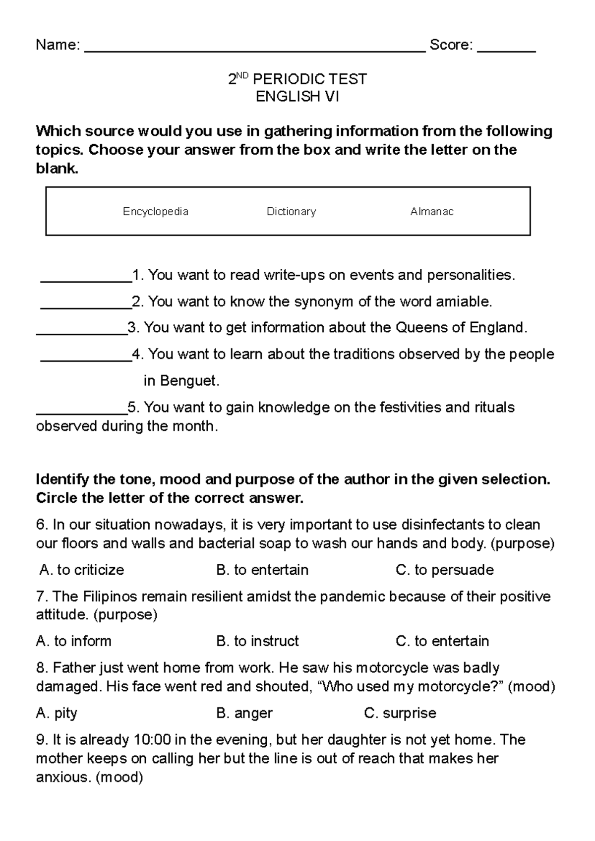 2nd periodic test - Name ...