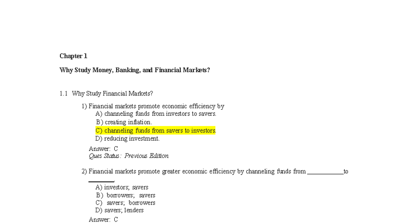 Chapter 1: Why Study Money, Banking, and Financial Markets? - Quiz ...