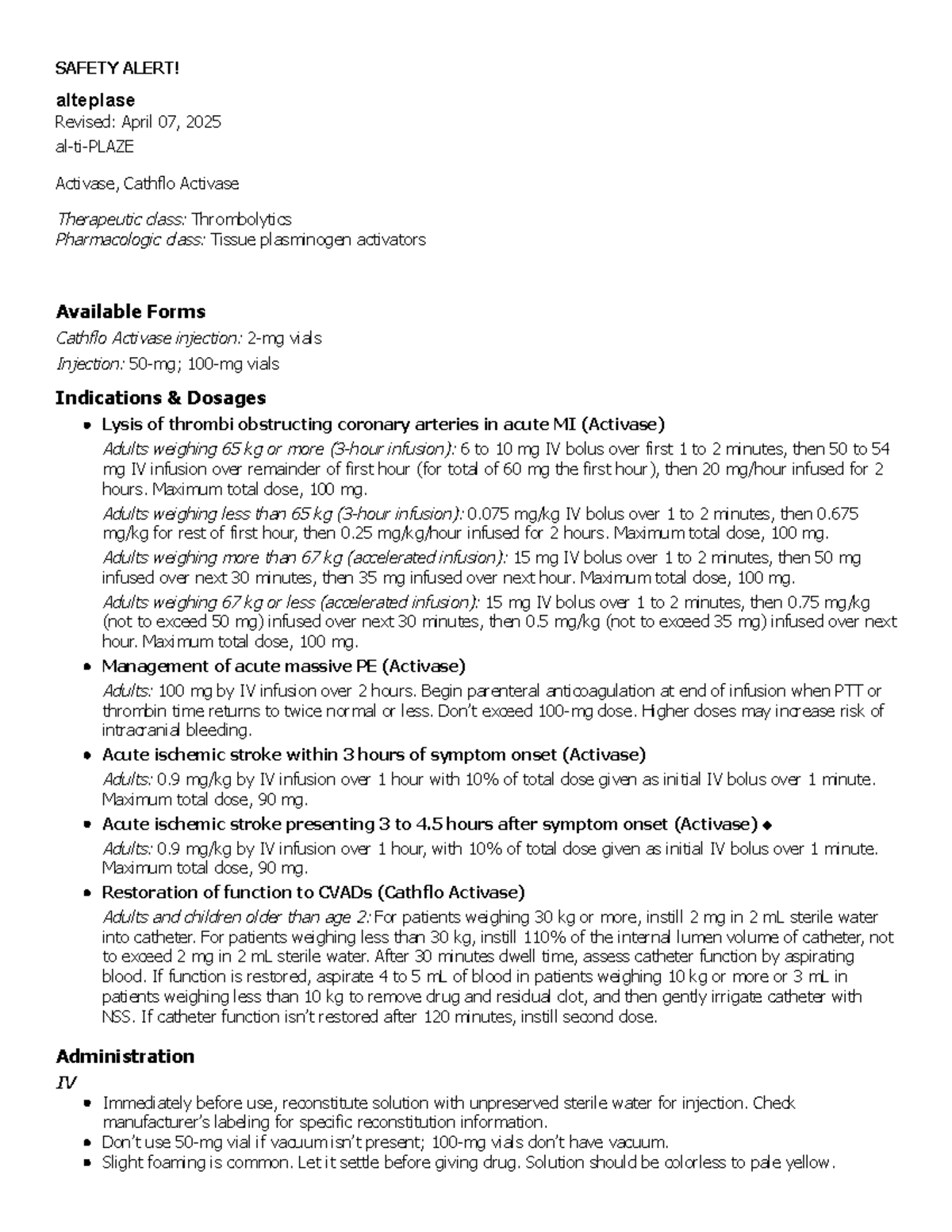 Alteplase & Cathflo Activase Admin Guidelines: Safety Alert & Dosing ...