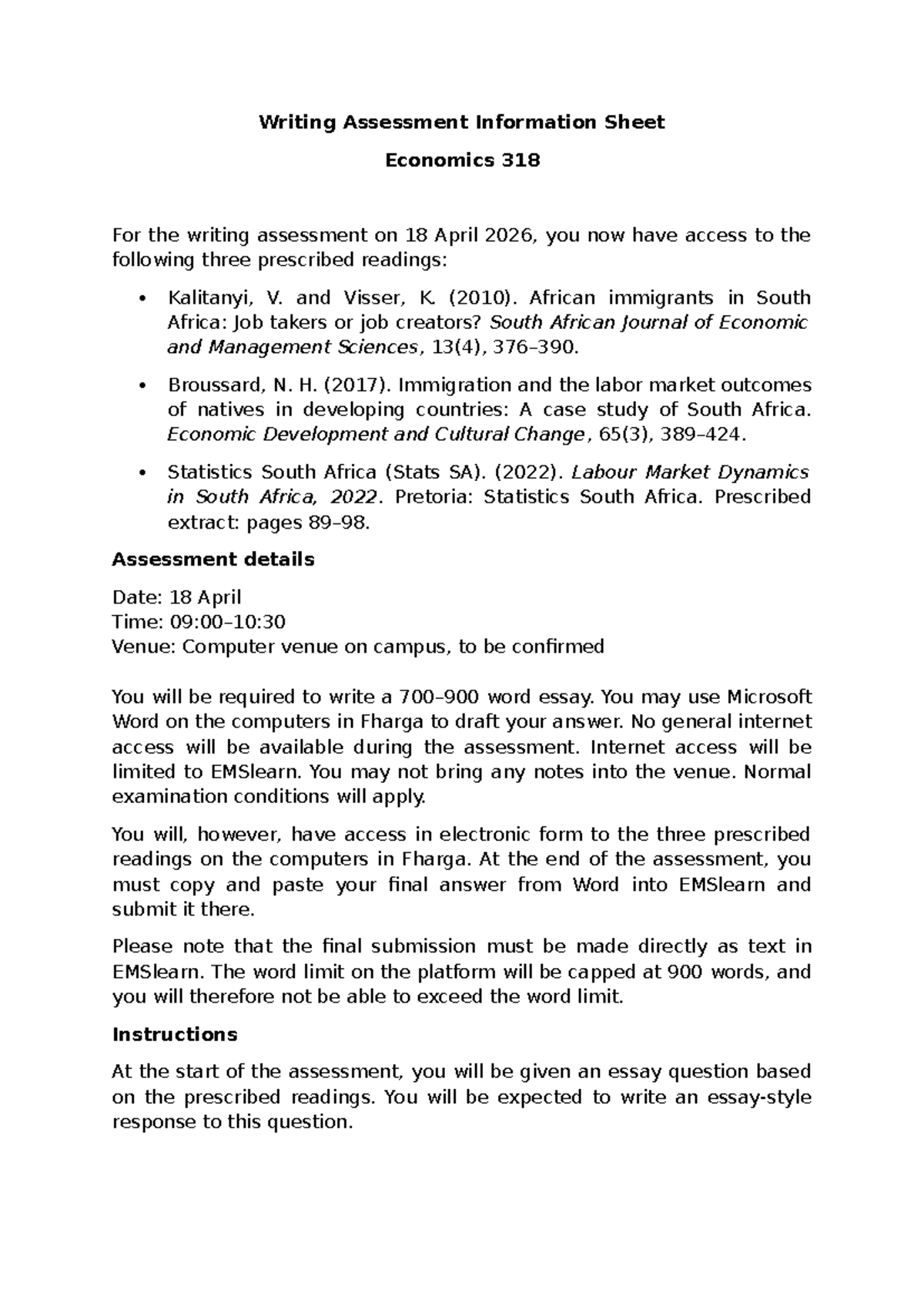 Economics 318 Writing Assessment Info Sheet - Essay Guidelines - Studocu