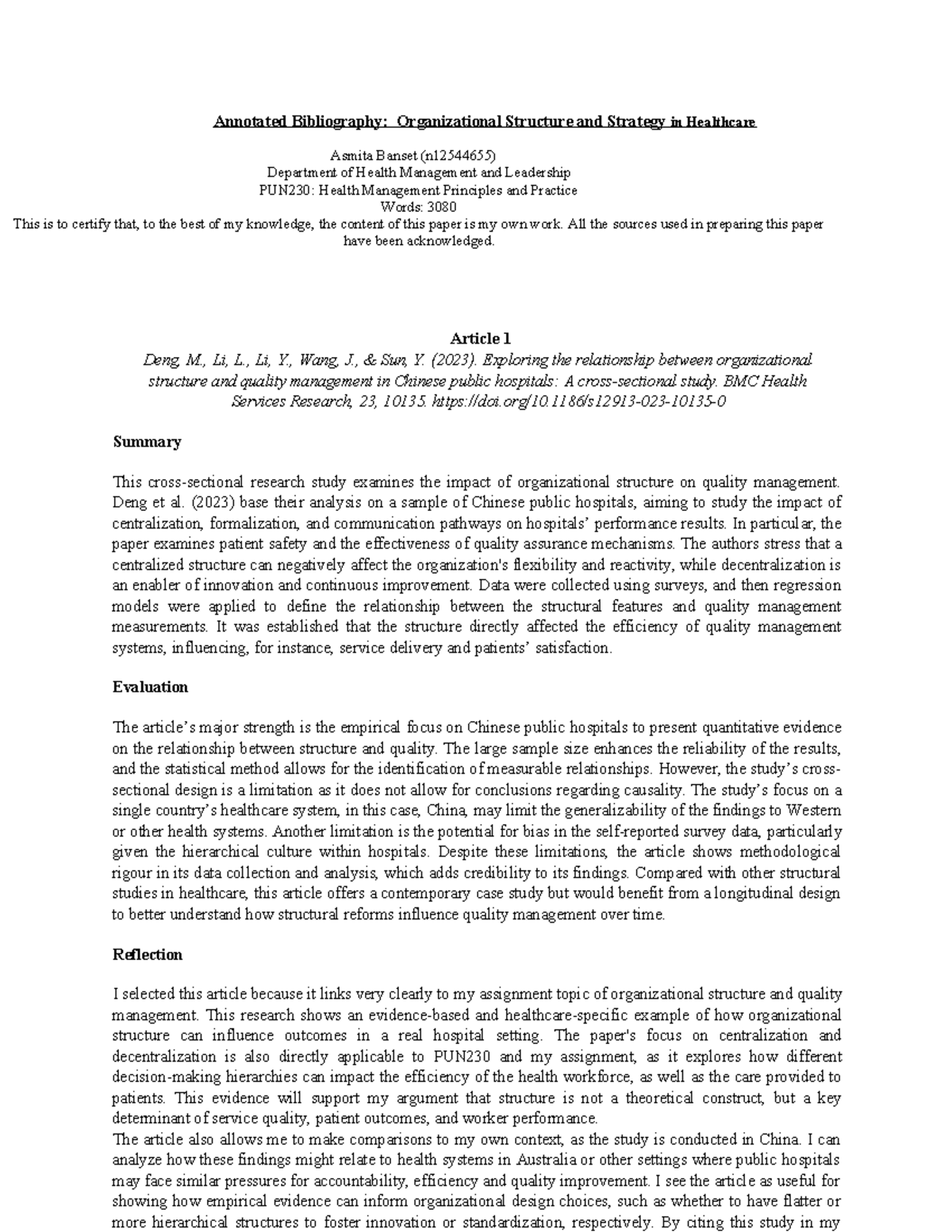 Annotated Bibliography: Org Structure & Strategy in Healthcare (PUN230 ...