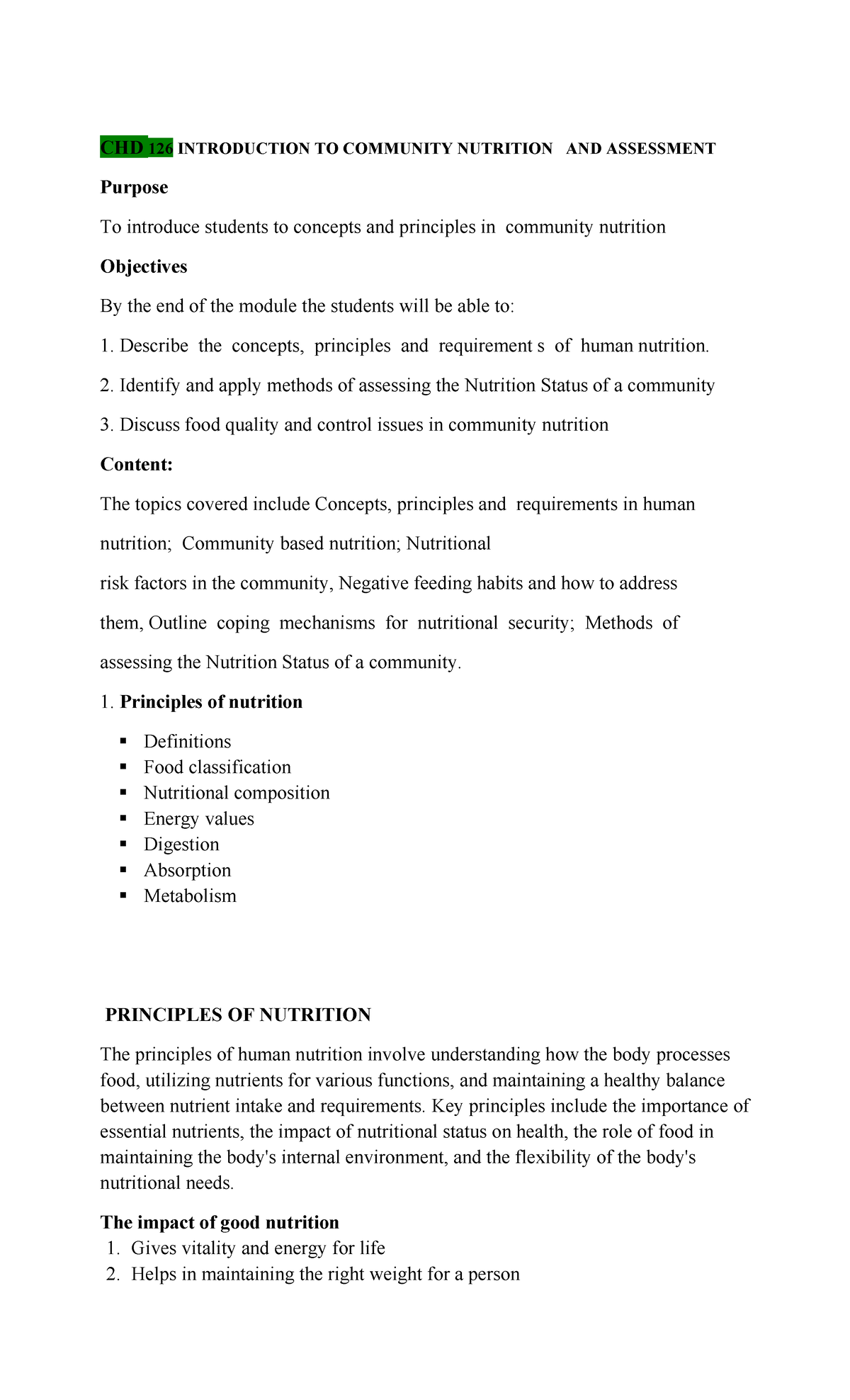 CHD 126 Community Nutrition & Assessment Overview and Principles - Studocu