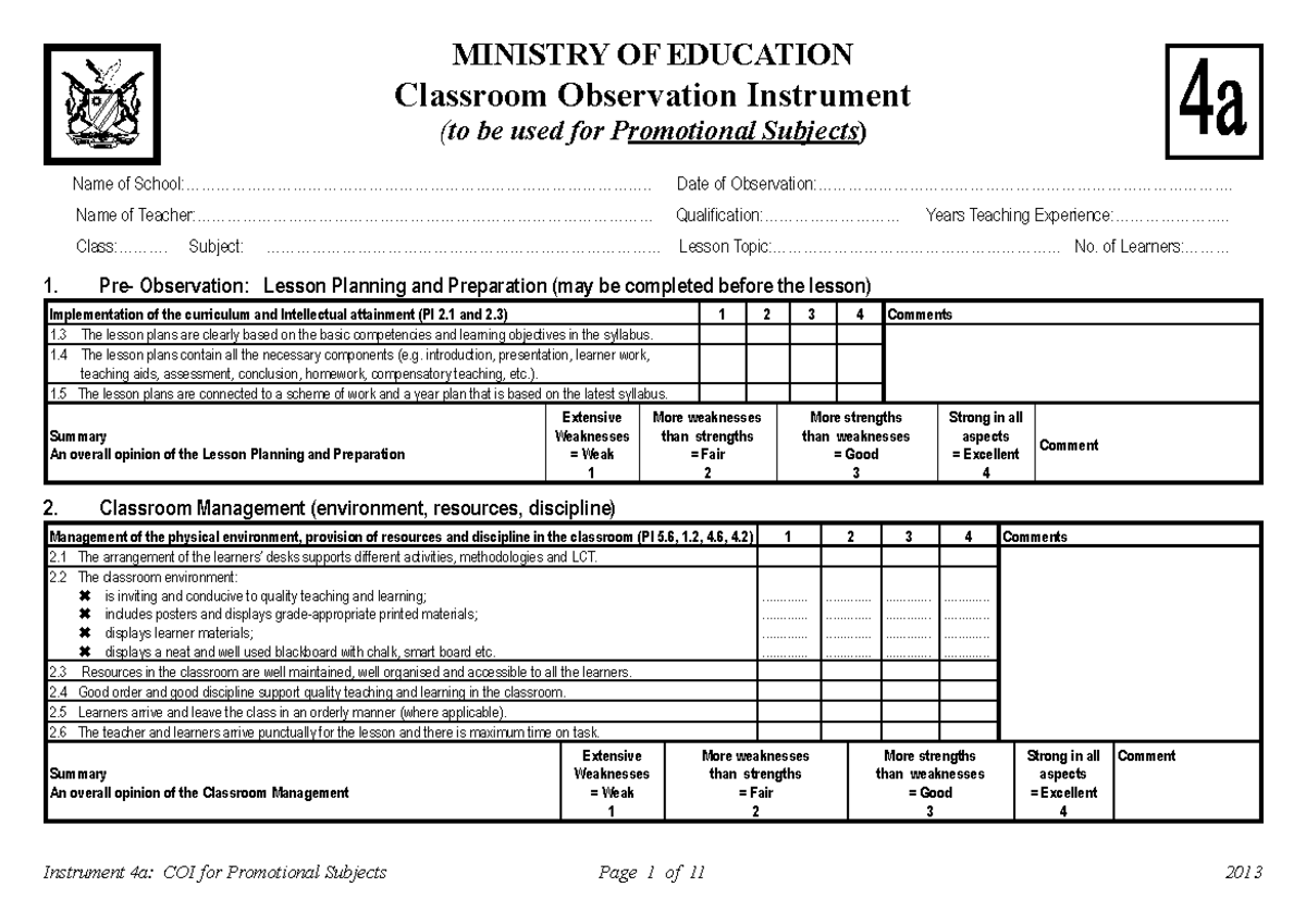 #10-6091 Classroom Observation Instrument for Promotional Subjects ...
